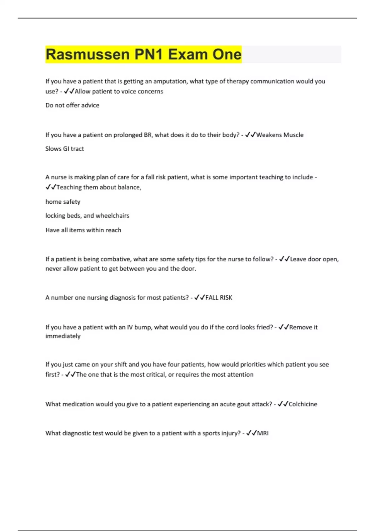 Rasmussen PN1 Exam One with question - Rasmussen PN1 One - Stuvia US