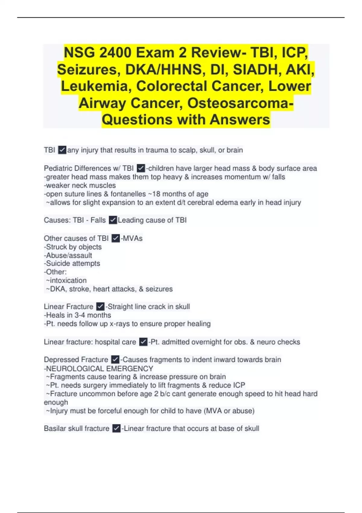 NSG 2400 Exam 2 Review- TBI, ICP, Seizures, DKA/HHNS, DI, SIADH, AKI ...