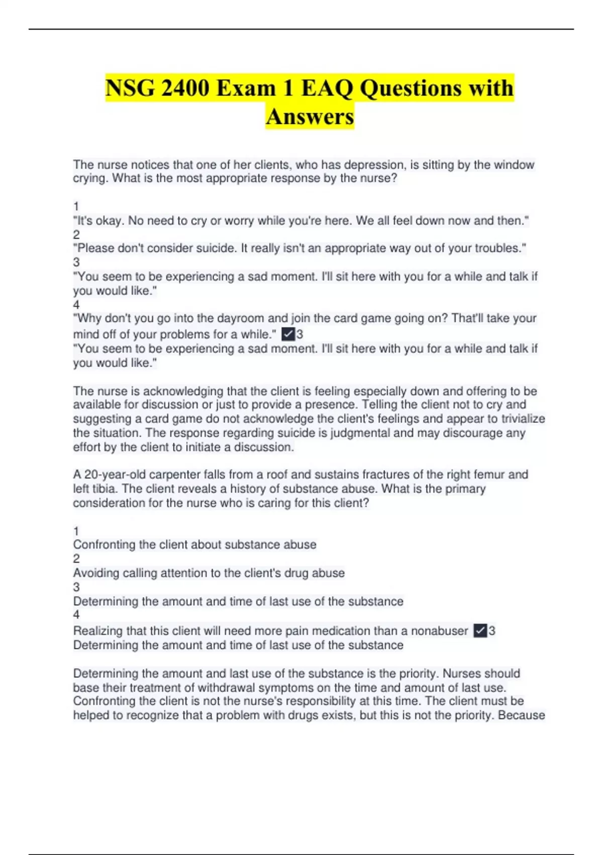 NSG 2400 Exam 1 EAQ Questions with Answers - NURS 2400 - Stuvia US