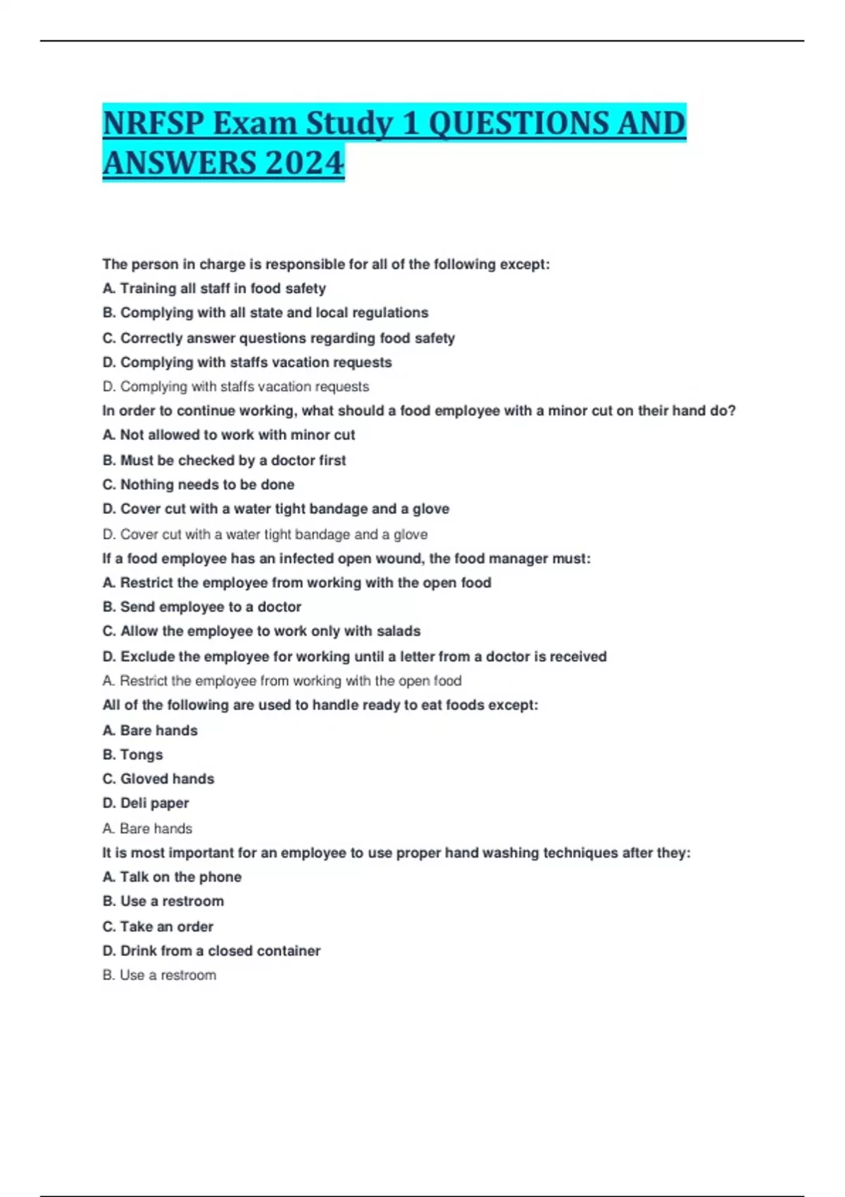 NRFSP Exam Study 1 QUESTIONS AND ANSWERS 2024 - Nrfsp - Stuvia US