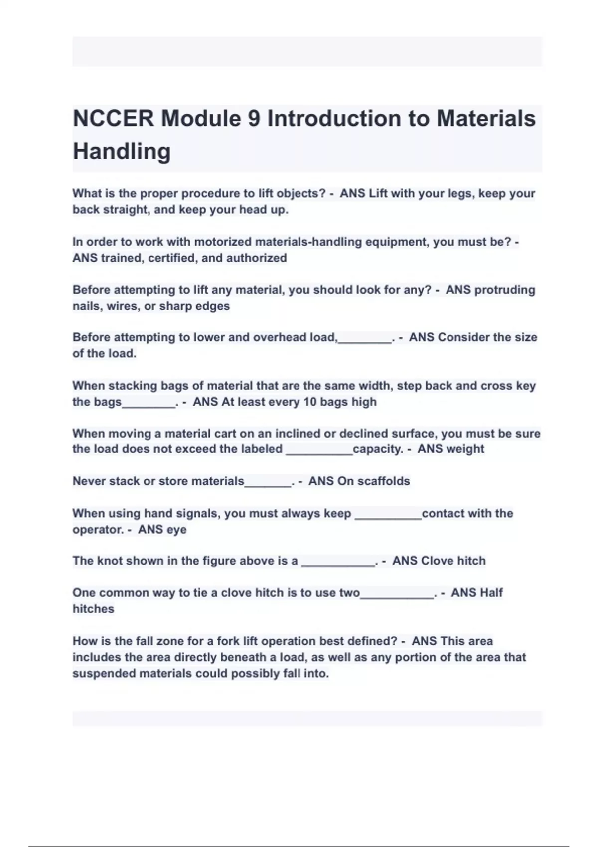 NCCER Module 9 Introduction to Materials Handling Exam Questions with ...