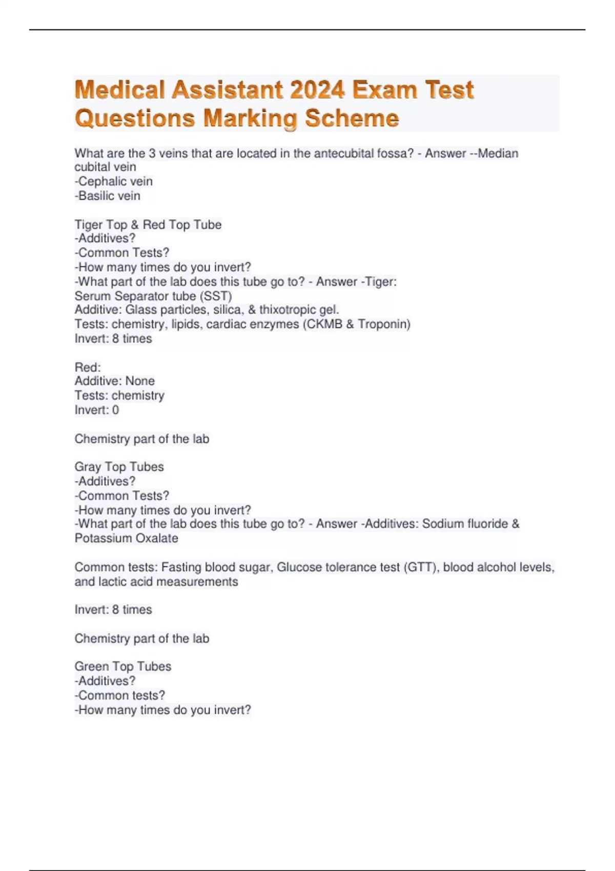Medical Assistant 2024 Exam Test Questions Marking Scheme - Medical ...