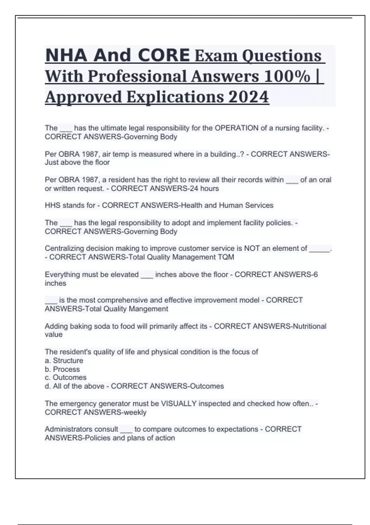 NHA And CORE Exam Questions With Professional Answers 100% | Approved ...