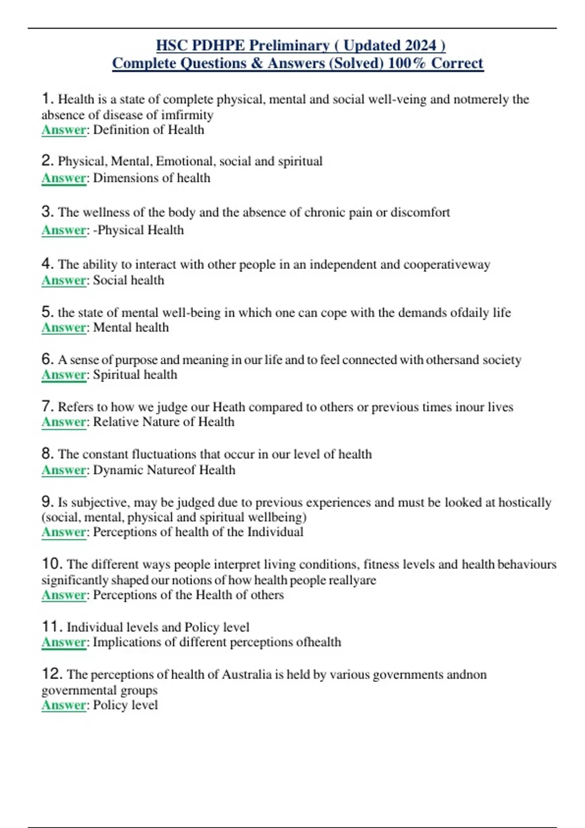 HSC PDHPE Preliminary ( Updated 2024 ) Complete Questions & Answers ...