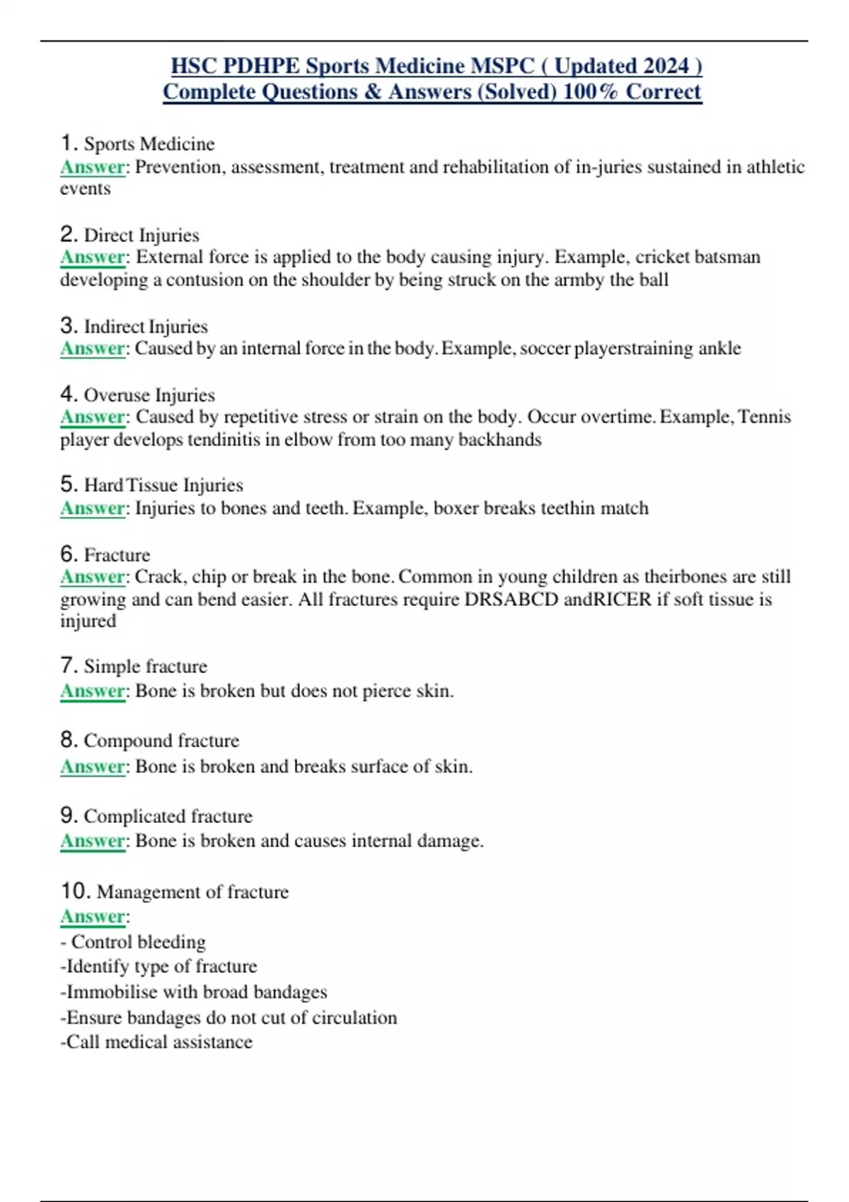 HSC PDHPE Sports Medicine MSPC ( Updated 2024 ) Complete Questions ...