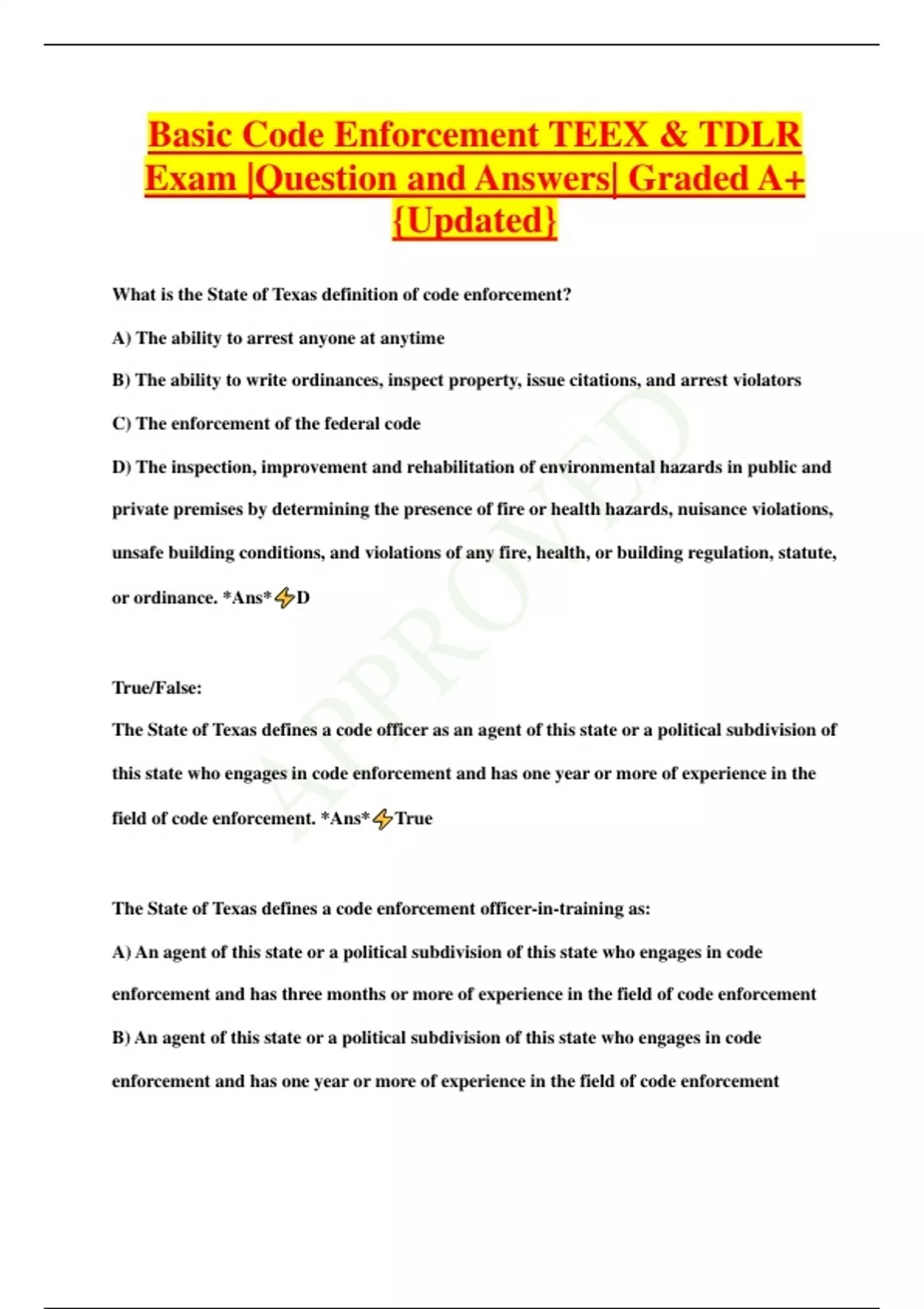 Basic Code Enforcement TEEX & TDLR Exam |Question and Answers| Graded ...