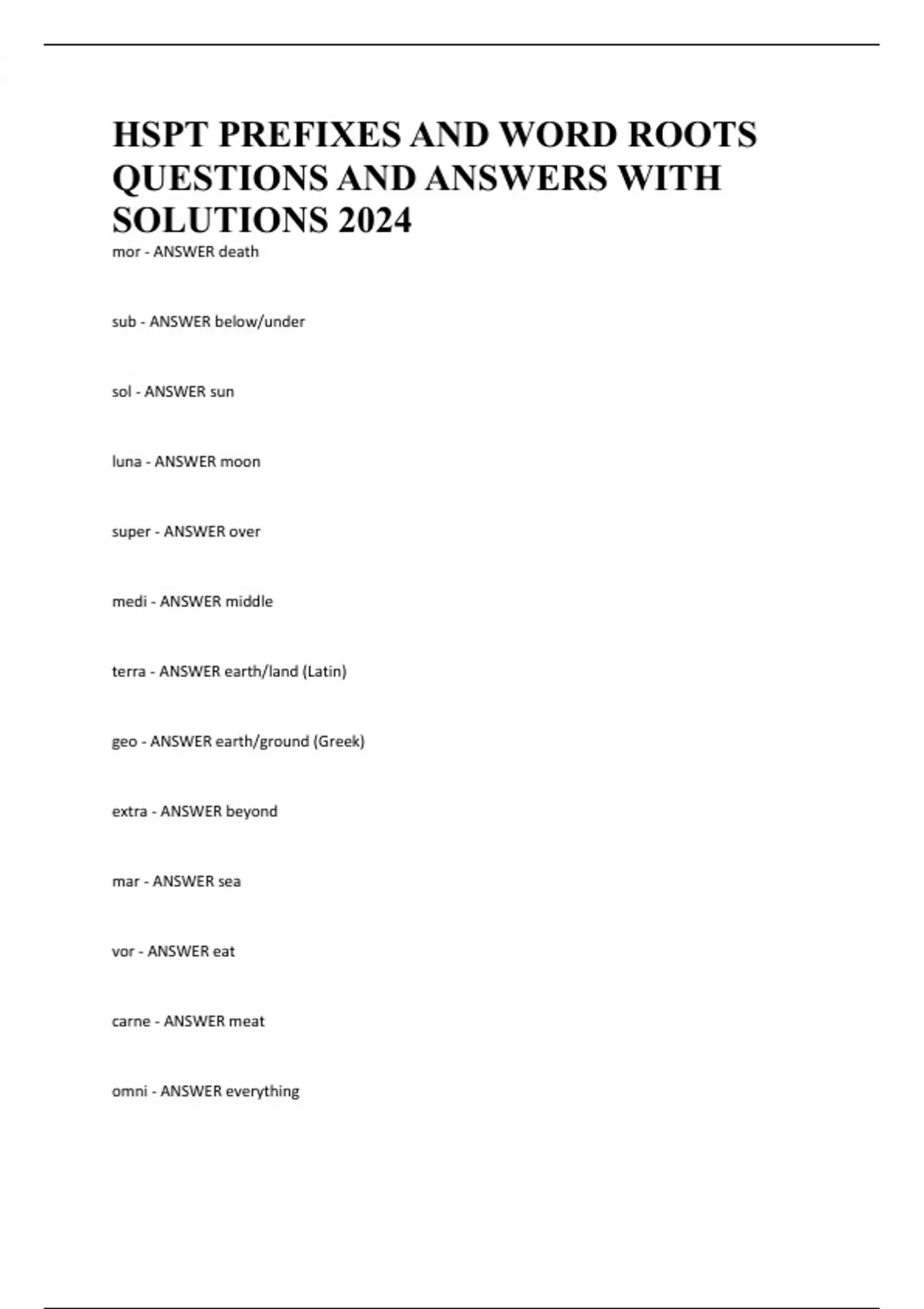HSPT PREFIXES AND WORD ROOTS QUESTIONS AND ANSWERS WITH SOLUTIONS 2024 ...
