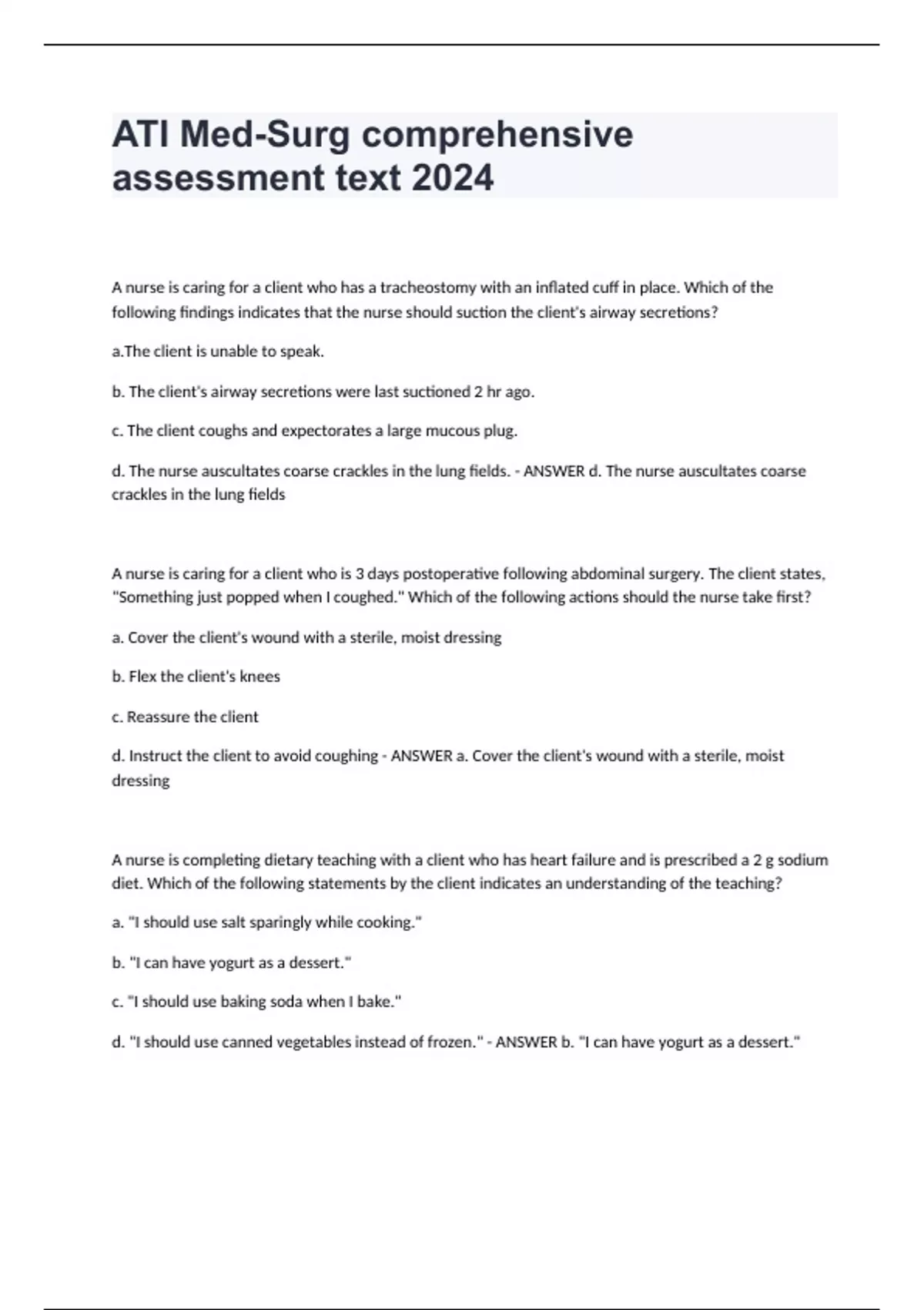 ATI Med-Surg comprehensive assessment text 2024 - ATI MED SURG - Stuvia US