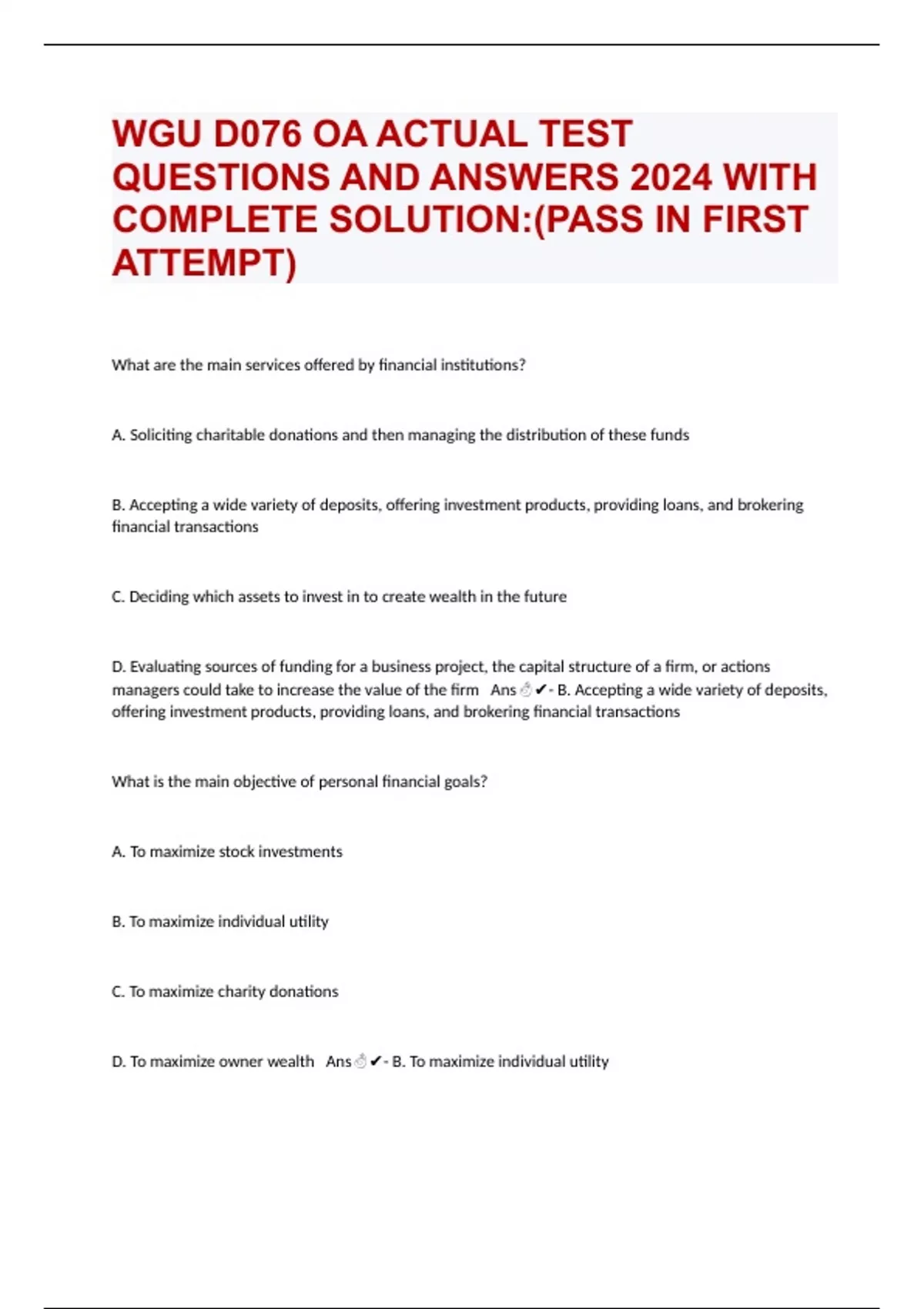 WGU D076 OA ACTUAL TEST QUESTIONS AND ANSWERS 2024 WITH COMPLETE ...