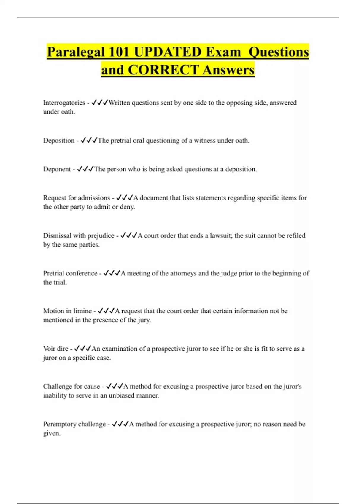 Paralegal 101 UPDATED Exam Questions and CORRECT Answers - Paralegal 101 - Stuvia US