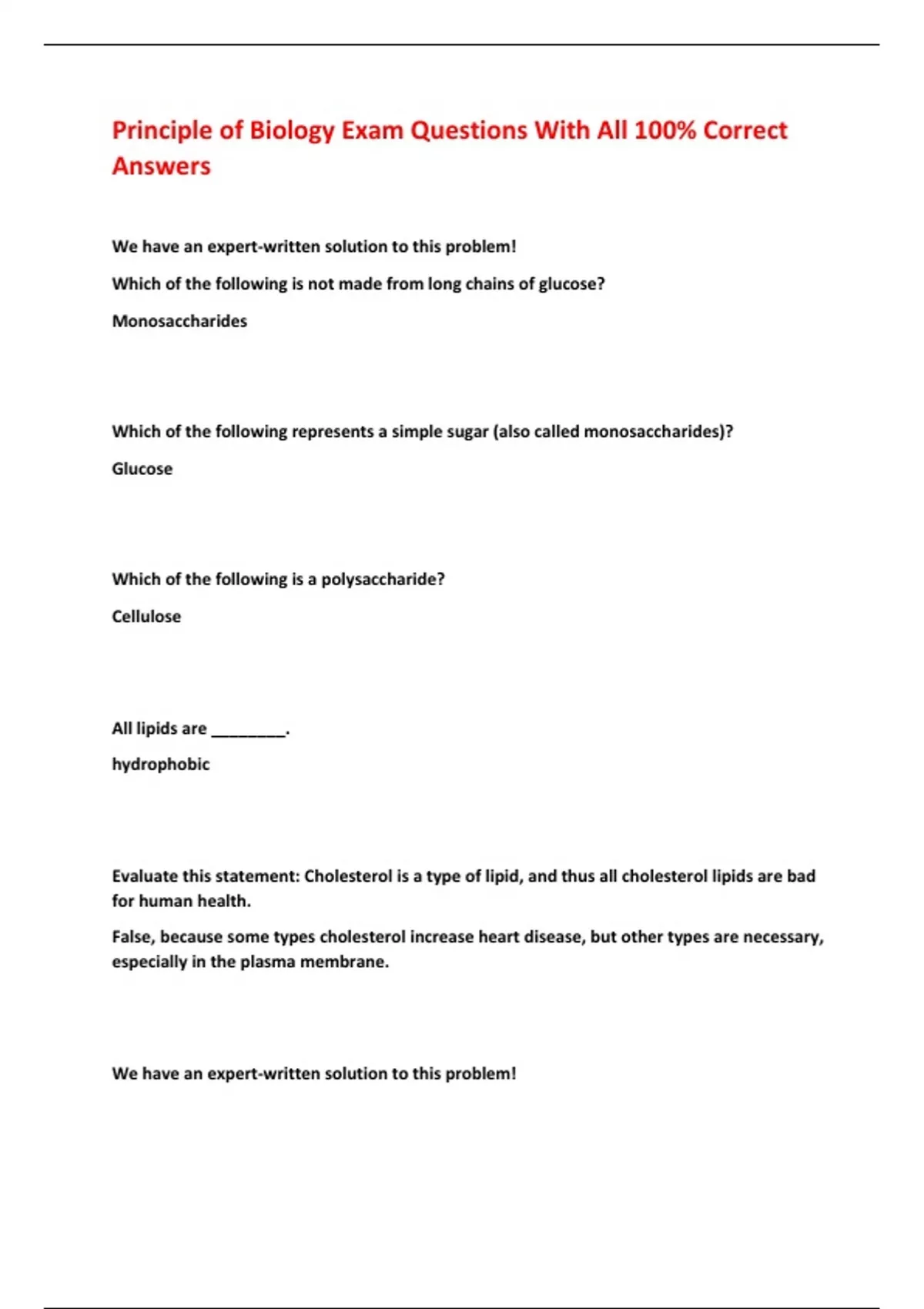 Principle of Biology Exam Questions With All 100% Correct Answers ...