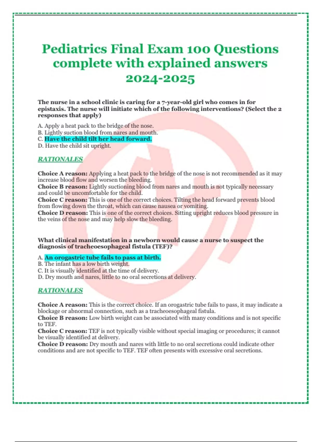 Pediatrics Final Exam 100 Questions complete with explained answers ...