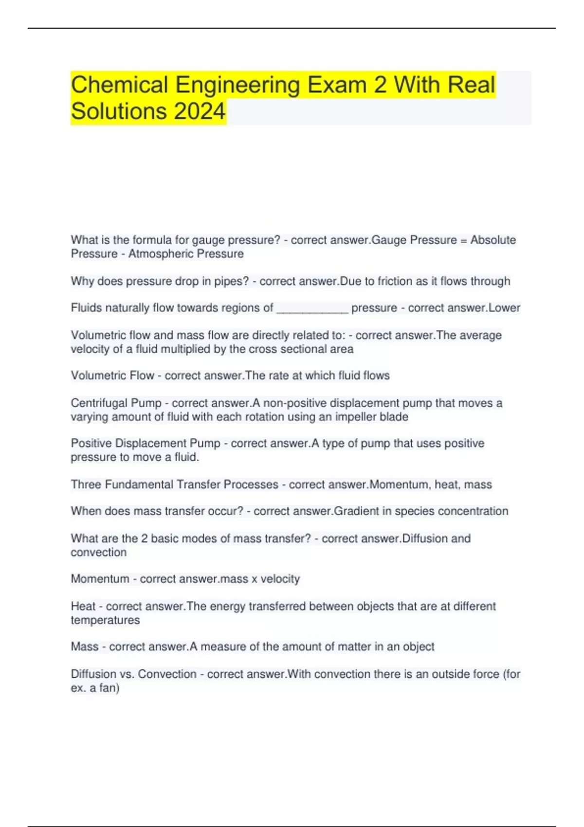 Chemical Engineering Exam 2 With Real Solutions 2024 - Chemical ...