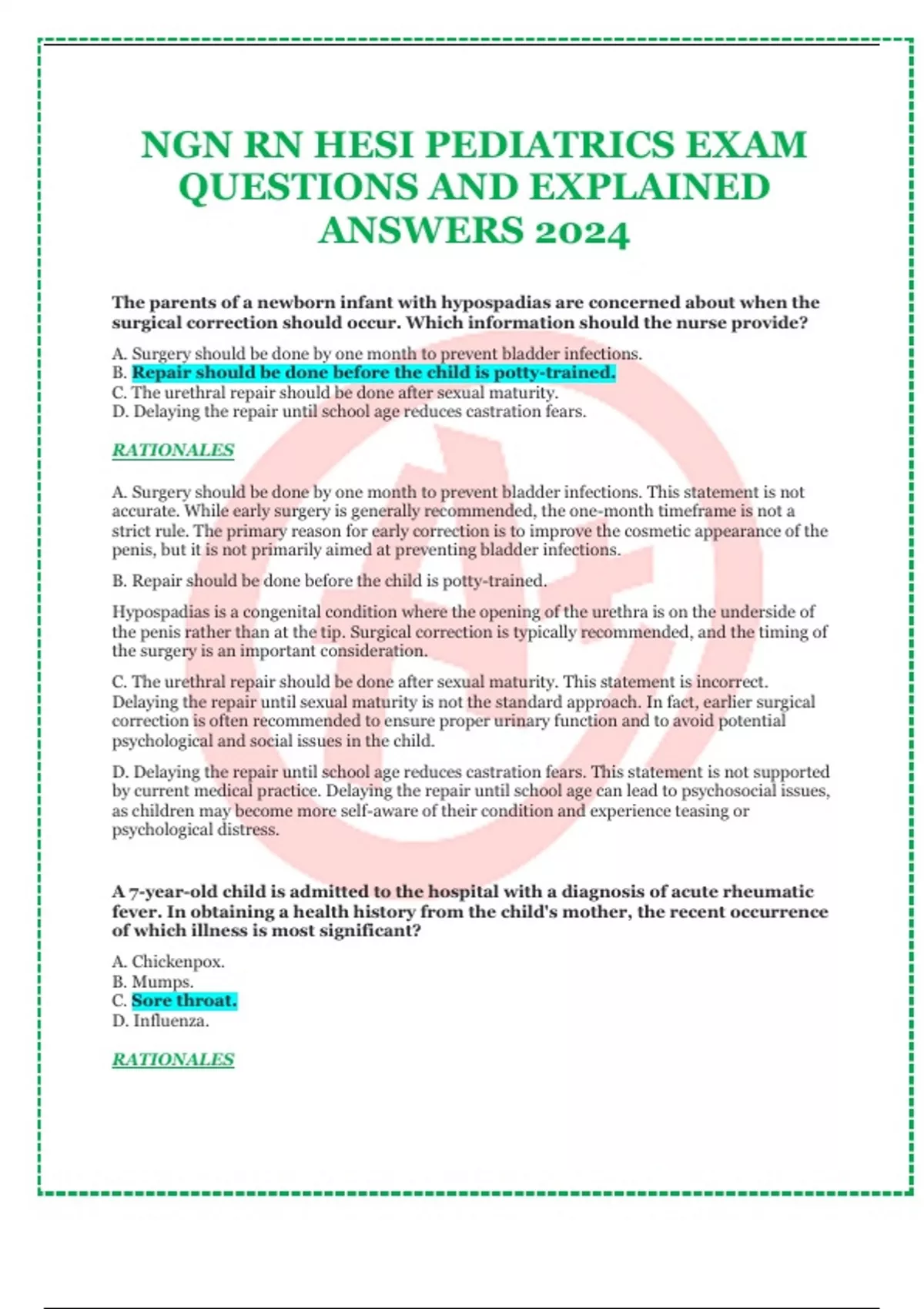 NGN RN HESI PEDIATRICS EXAM QUESTIONS AND EXPLAINED ANSWERS 2024 - NGN ...