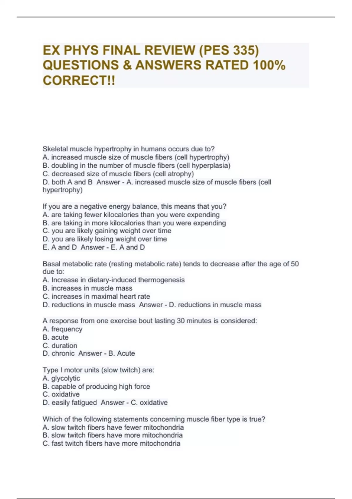 EX PHYS FINAL REVIEW (PES 335) QUESTIONS & ANSWERS RATED 100% CORRECT!! - EX PHYS - Stuvia US