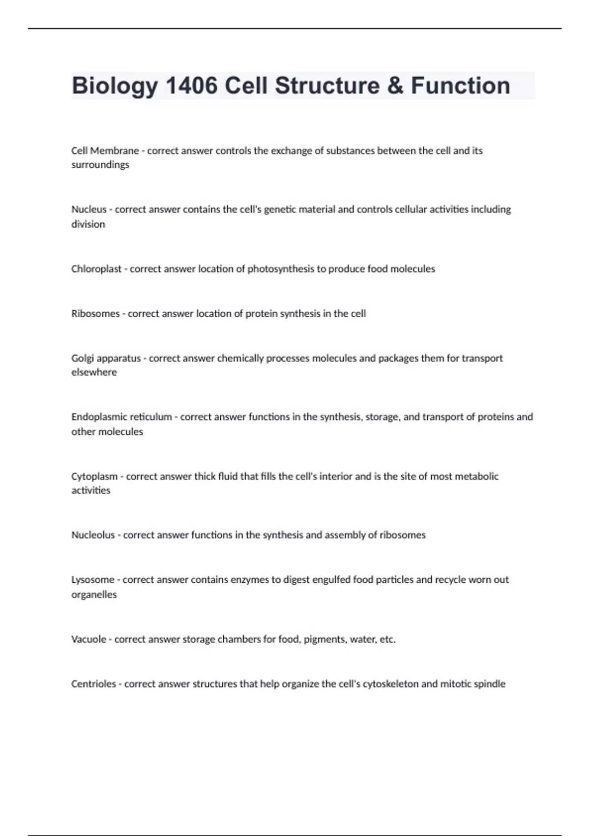 Biology 1406 Cell Structure Function Collin College Question And