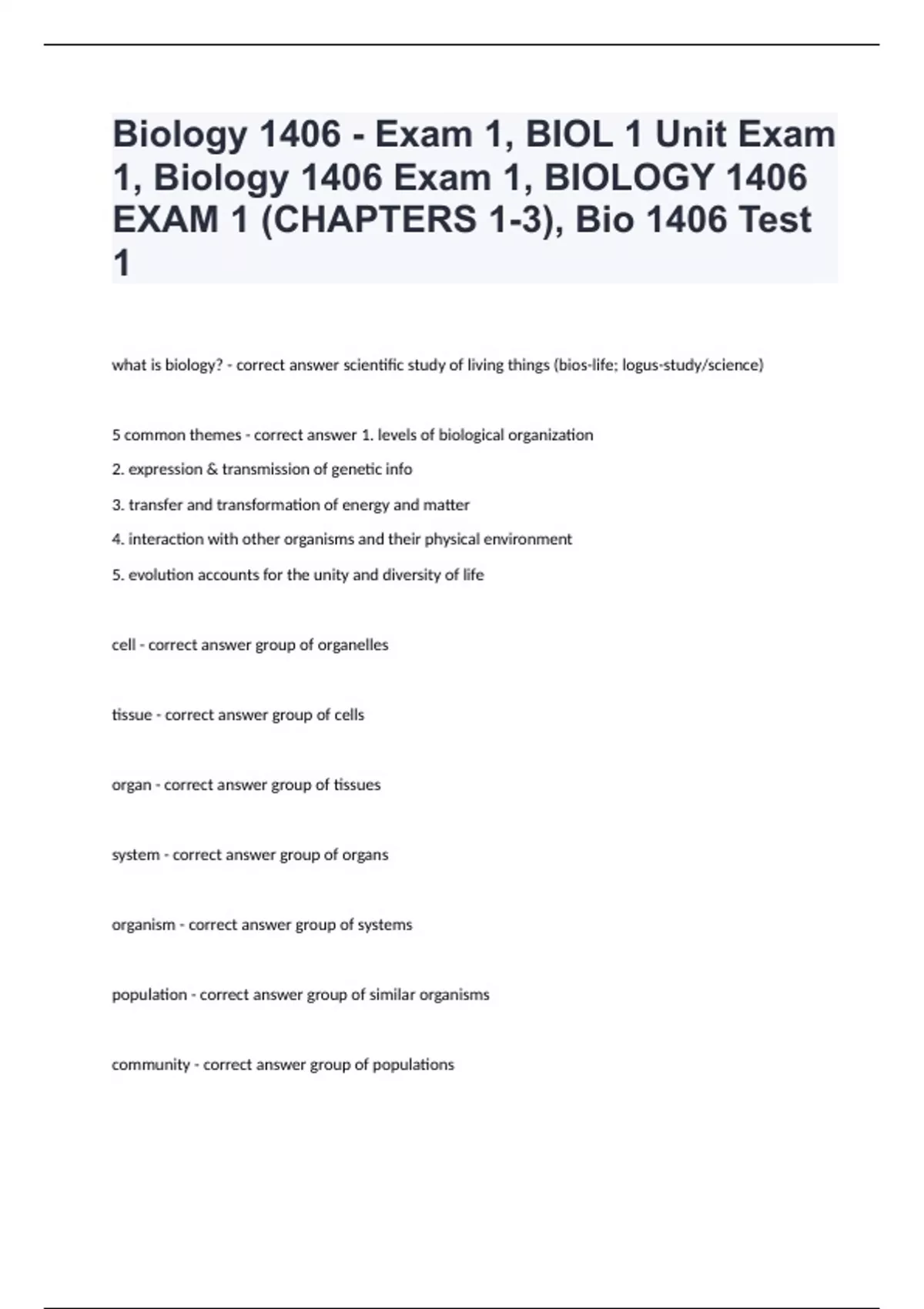 Biology 1406 - Exam 1, BIOL 1 Unit Exam 1, Biology 1406 Exam 1, BIOLOGY 1Collin College -406 ...
