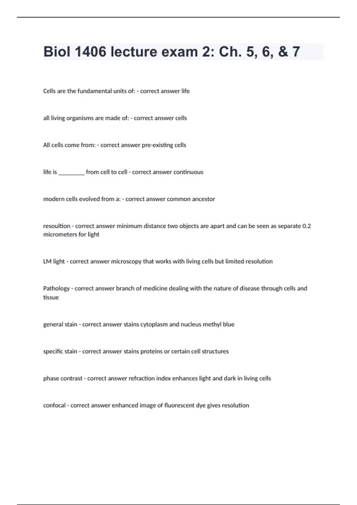 Biol 1406 Lecture Exam 2 Ch 5 6 7 Collin College Questions With