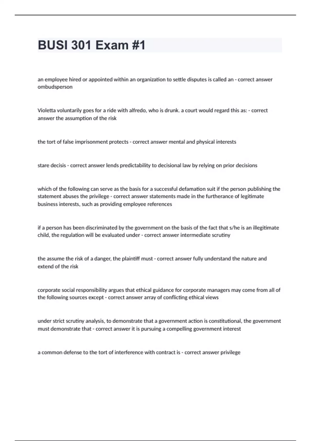 BUSI 301 Exam #1 Liberty University - Question and answers already ...