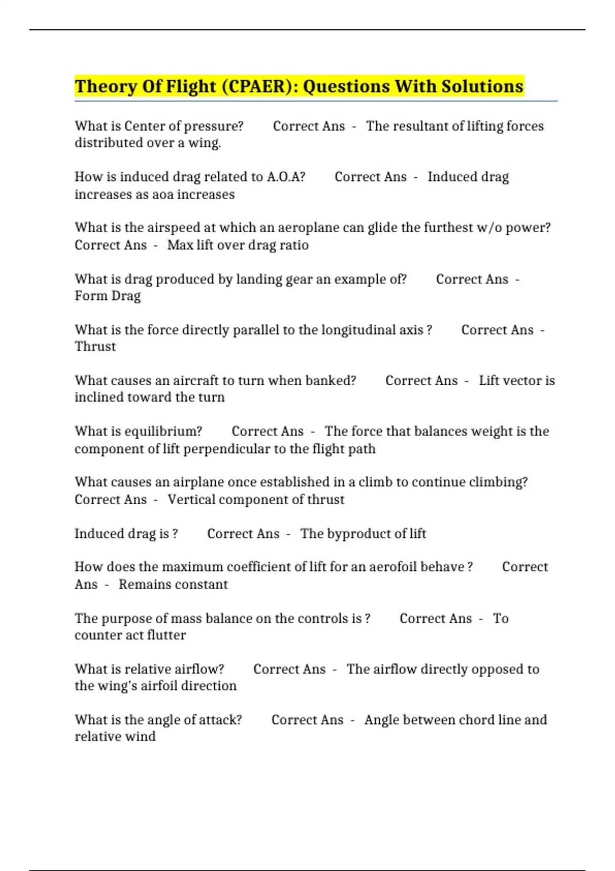 Theory Of Flight (CPAER): Questions With Solutions - CPAER - Stuvia US