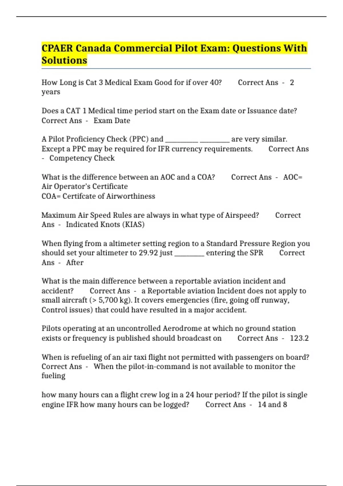 CPAER Canada Commercial Pilot Exam: Questions With Solutions - CPAER ...