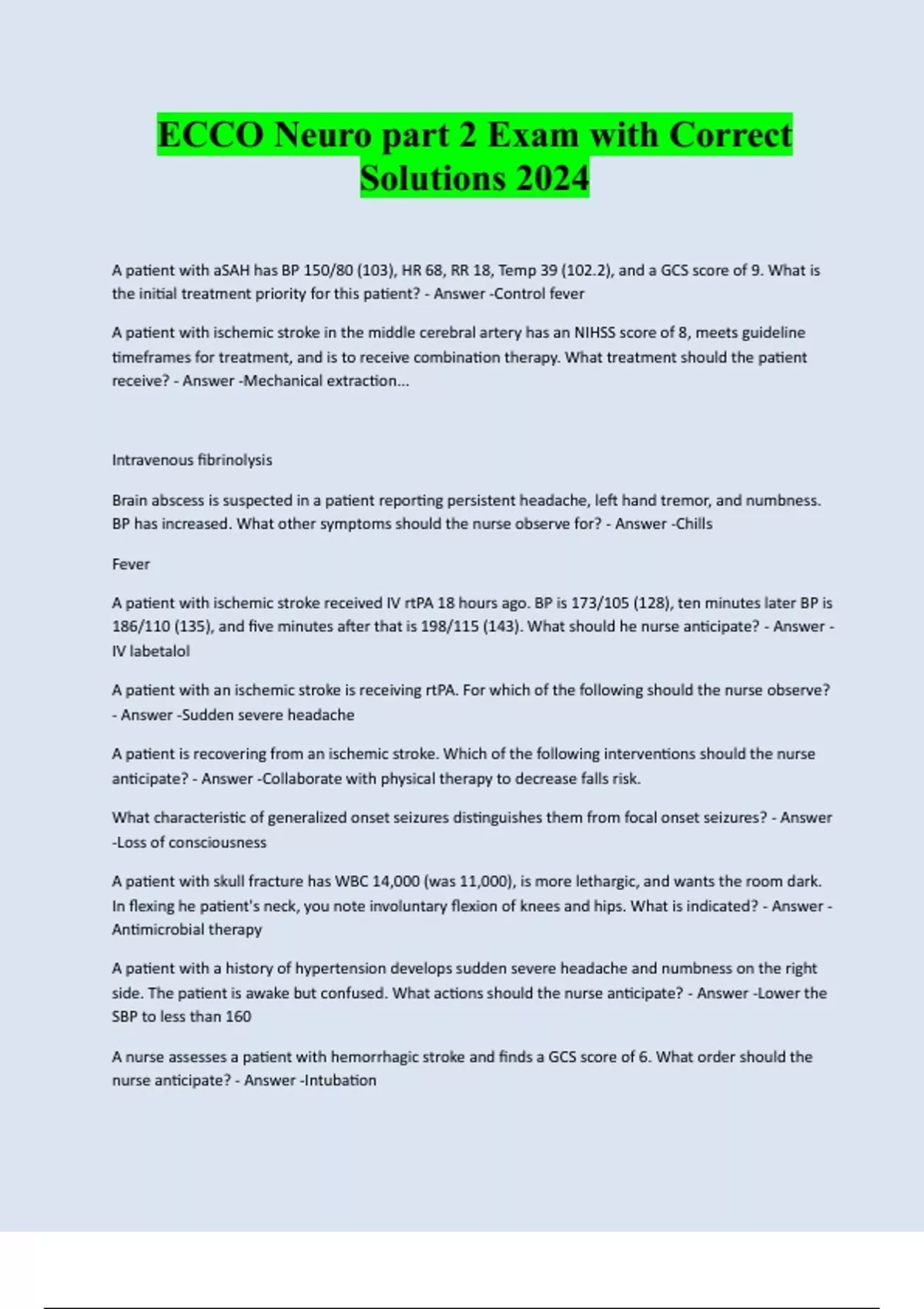 ECCO Neuro part 2 Exam with Correct Solutions 2024 - ECCO - Stuvia US