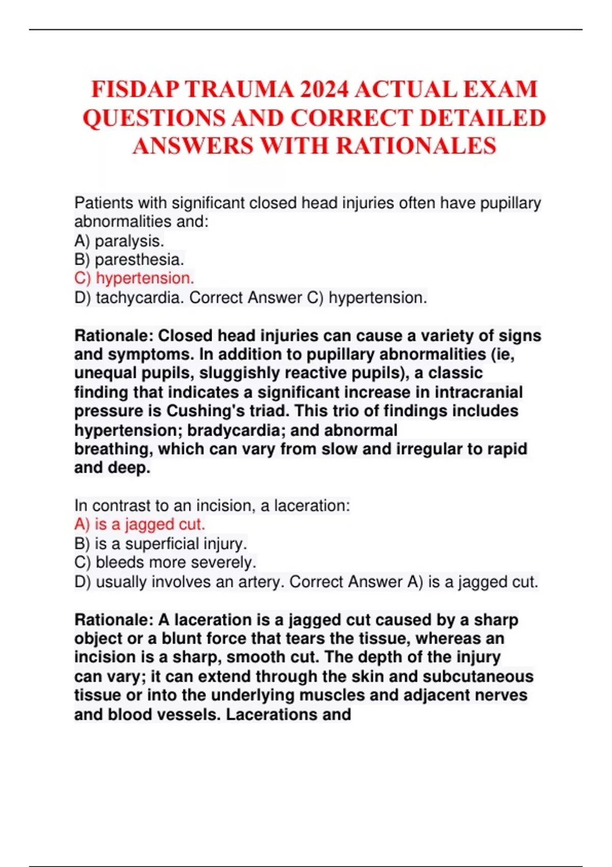 FISDAP TRAUMA 2024 ACTUAL EXAM QUESTIONS AND CORRECT DETAILED ANSWERS WITH RATIONALES - FISDAP ...