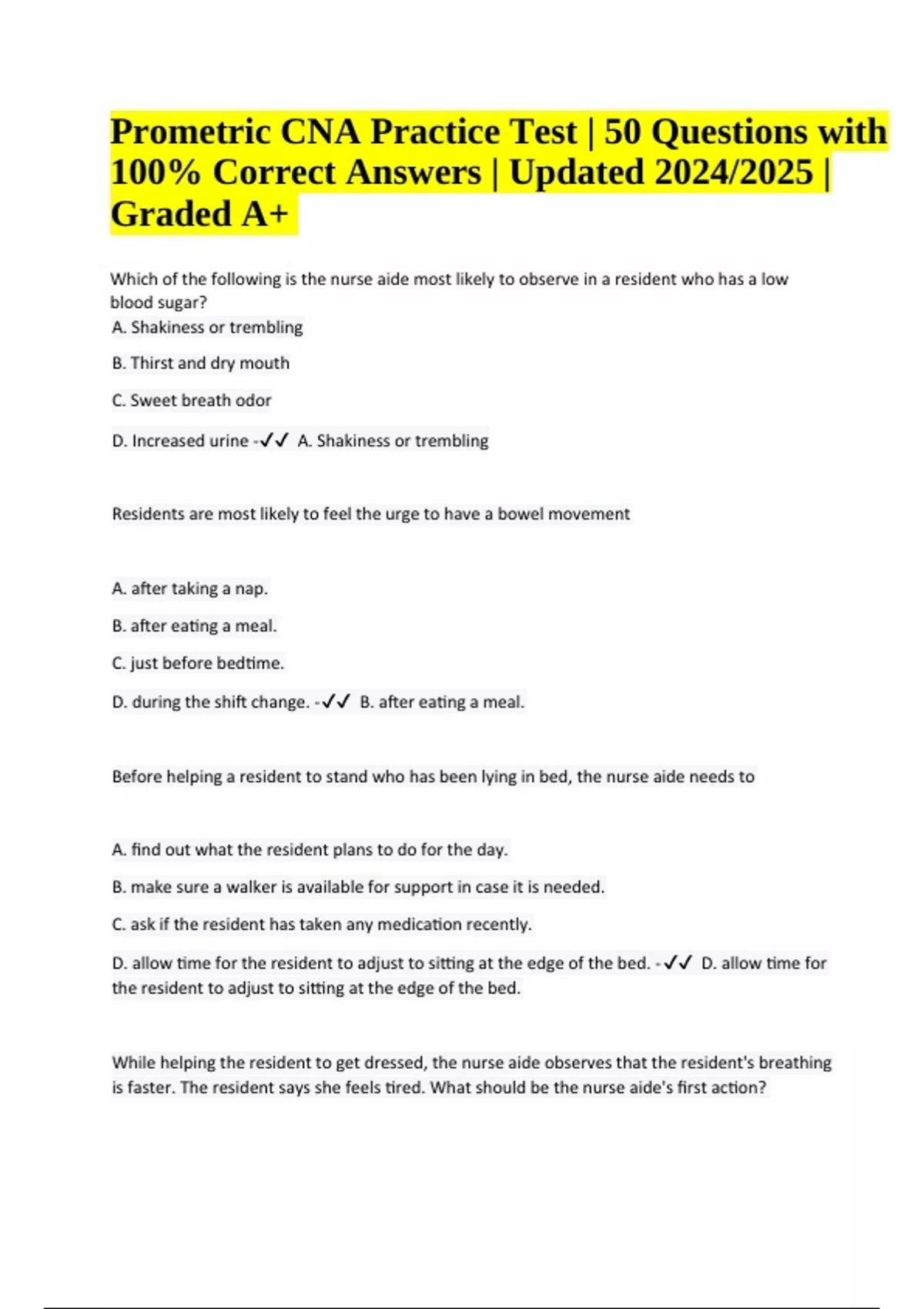 Prometric CNA Practice Test | 50 Questions with 100% Correct Answers ...