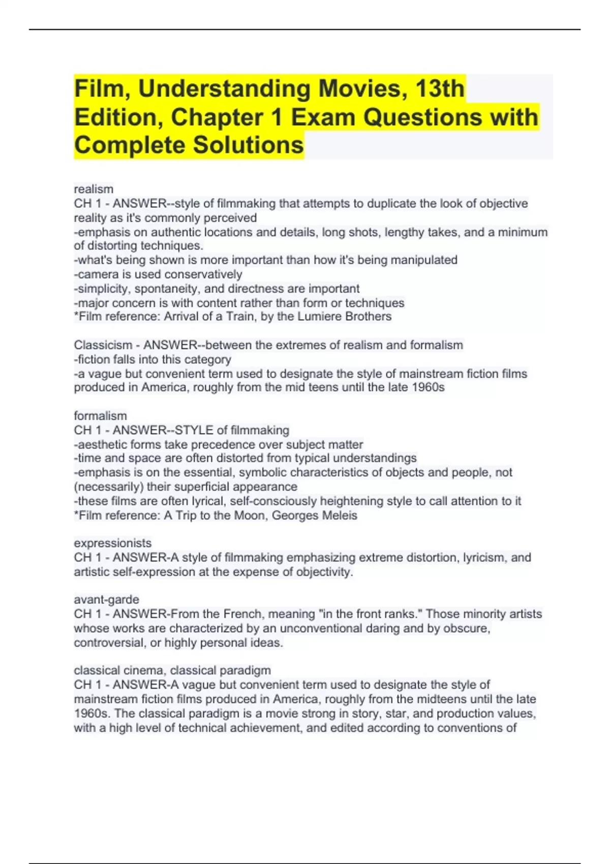 Film, Understanding Movies, 13th Edition, Chapter 1 Exam Questions with ...