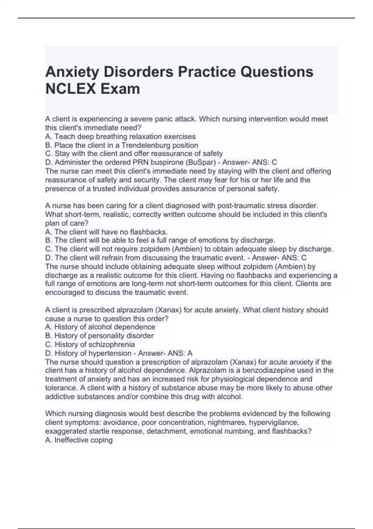 Anxiety Disorders Practice Questions NCLEX Exam 2024 Questions and ...