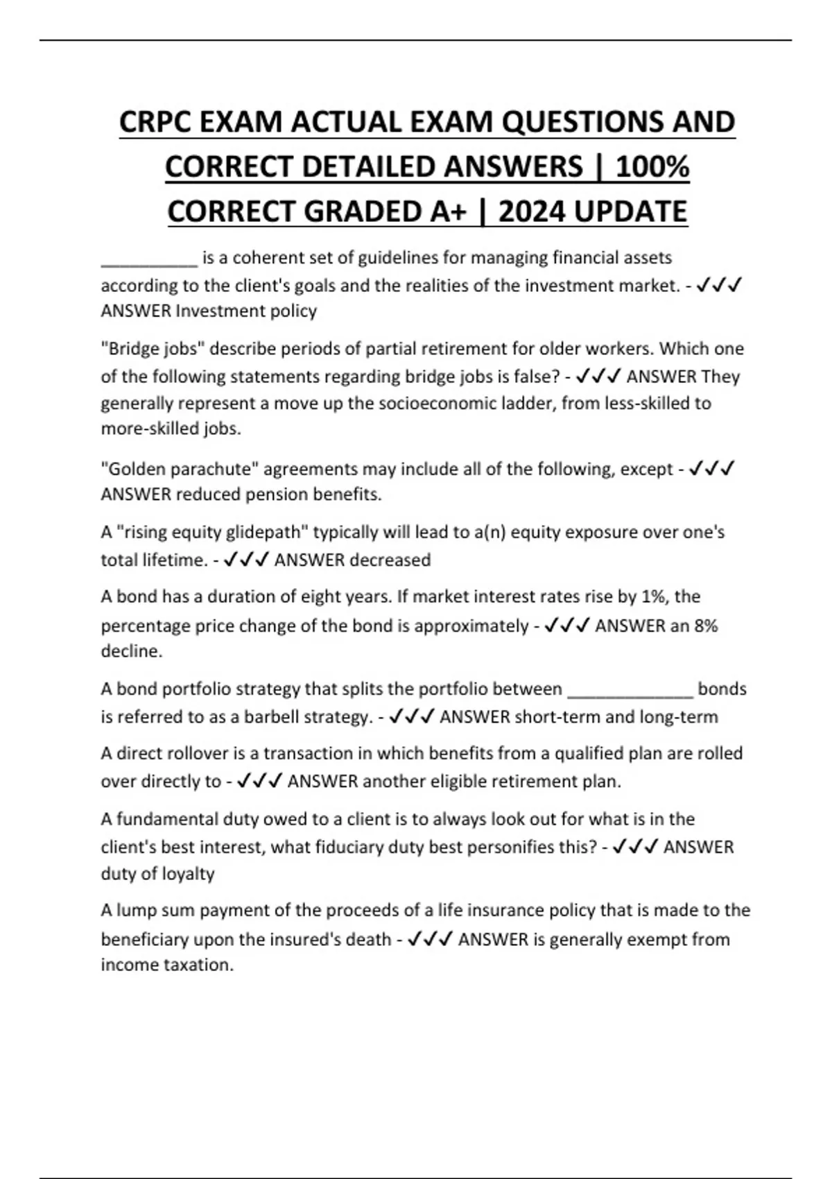 CRPC EXAM ACTUAL EXAM QUESTIONS AND CORRECT DETAILED ANSWERS | 100% CORRECT GRADED A+ | 2024 ...