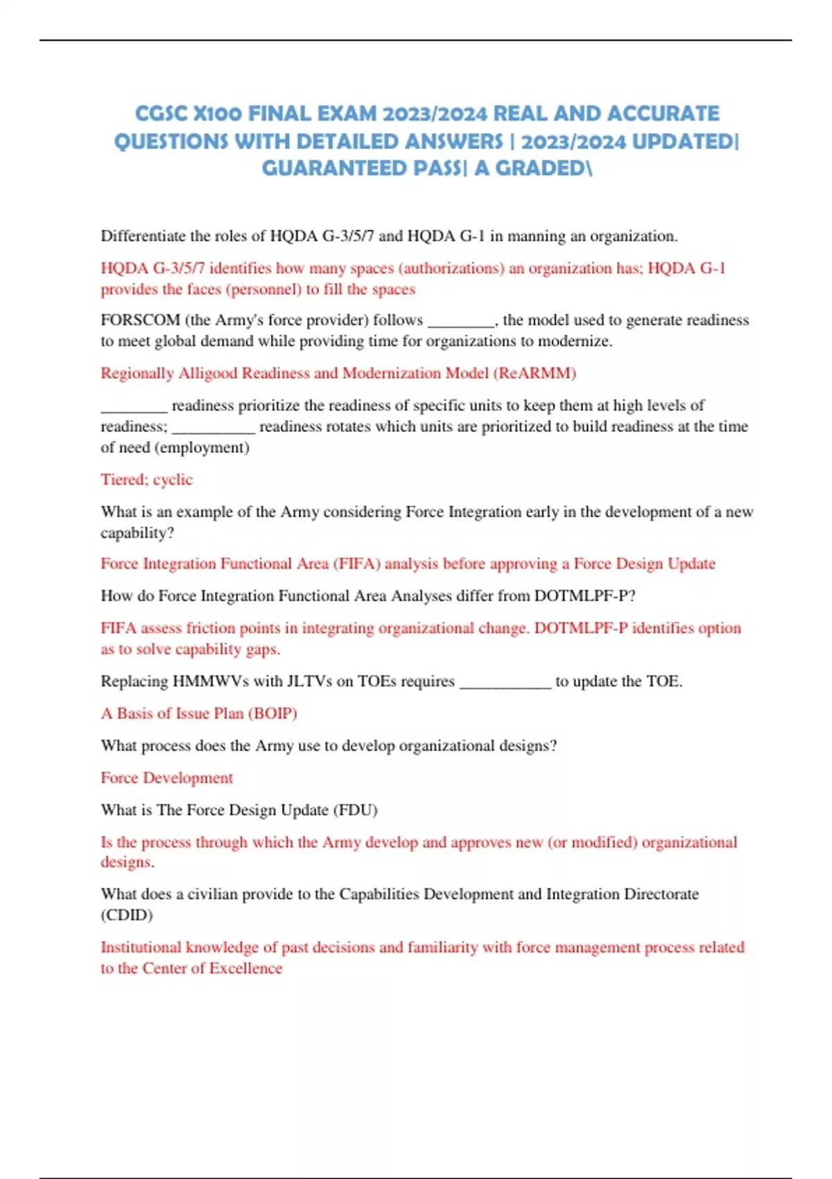 CGSC X100 FINAL EXAM 2023/2024 REAL AND ACCURATE QUESTIONS WITH ...