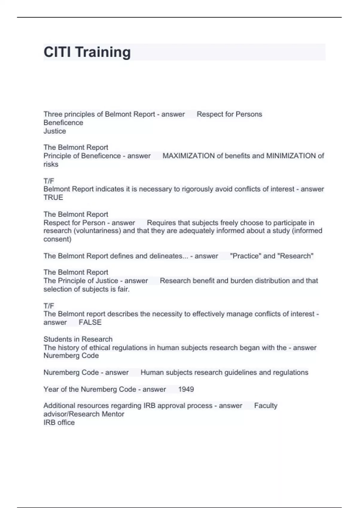 CITI Training Questions with solutions - CITI - Stuvia US