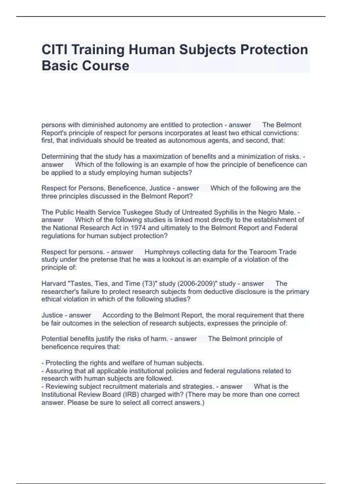 CITI Training Human Subjects Protection Basic Course Questions with ...