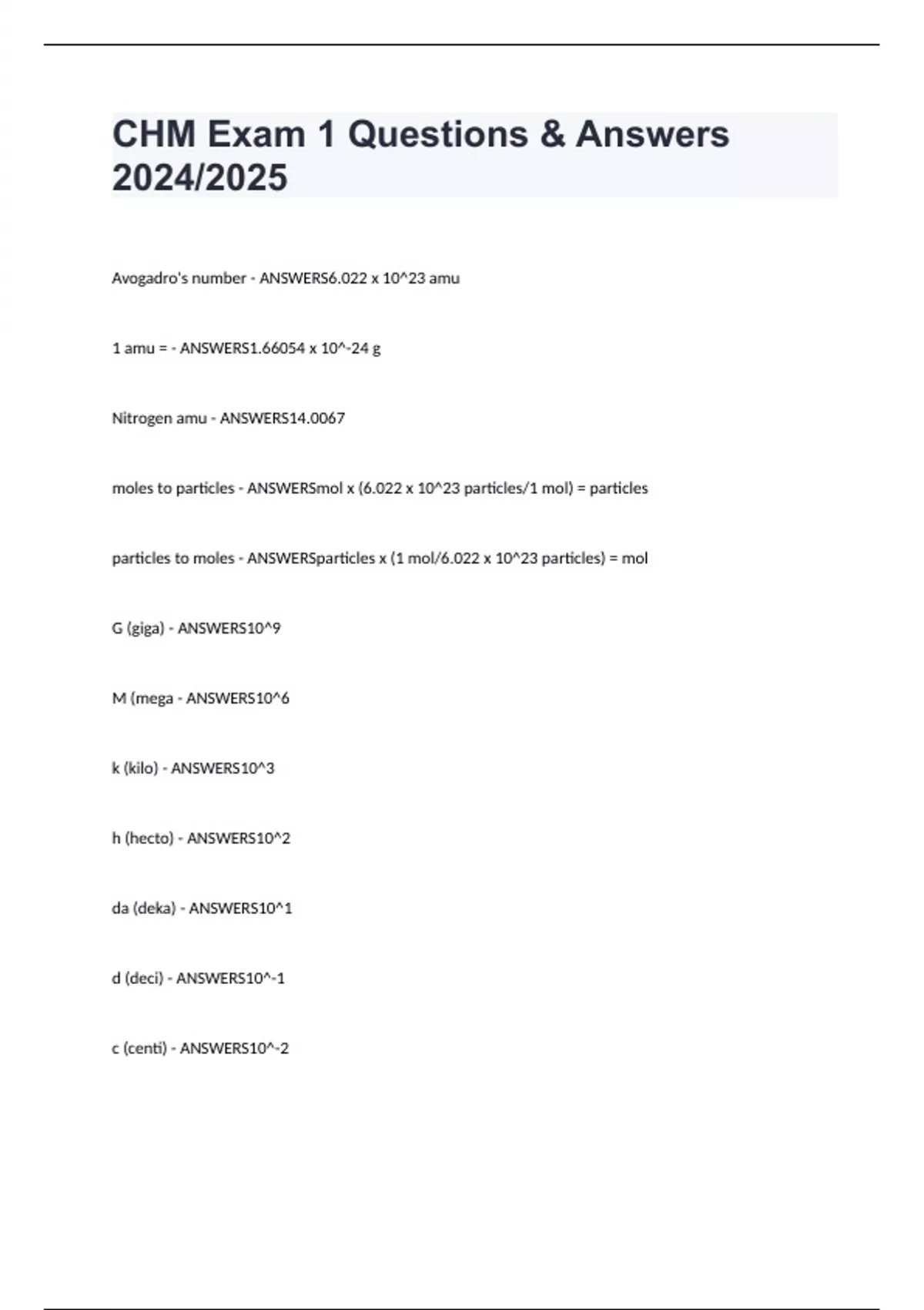 CHM Exam 1 Questions & Answers 2024/2025 - CHM - Stuvia US