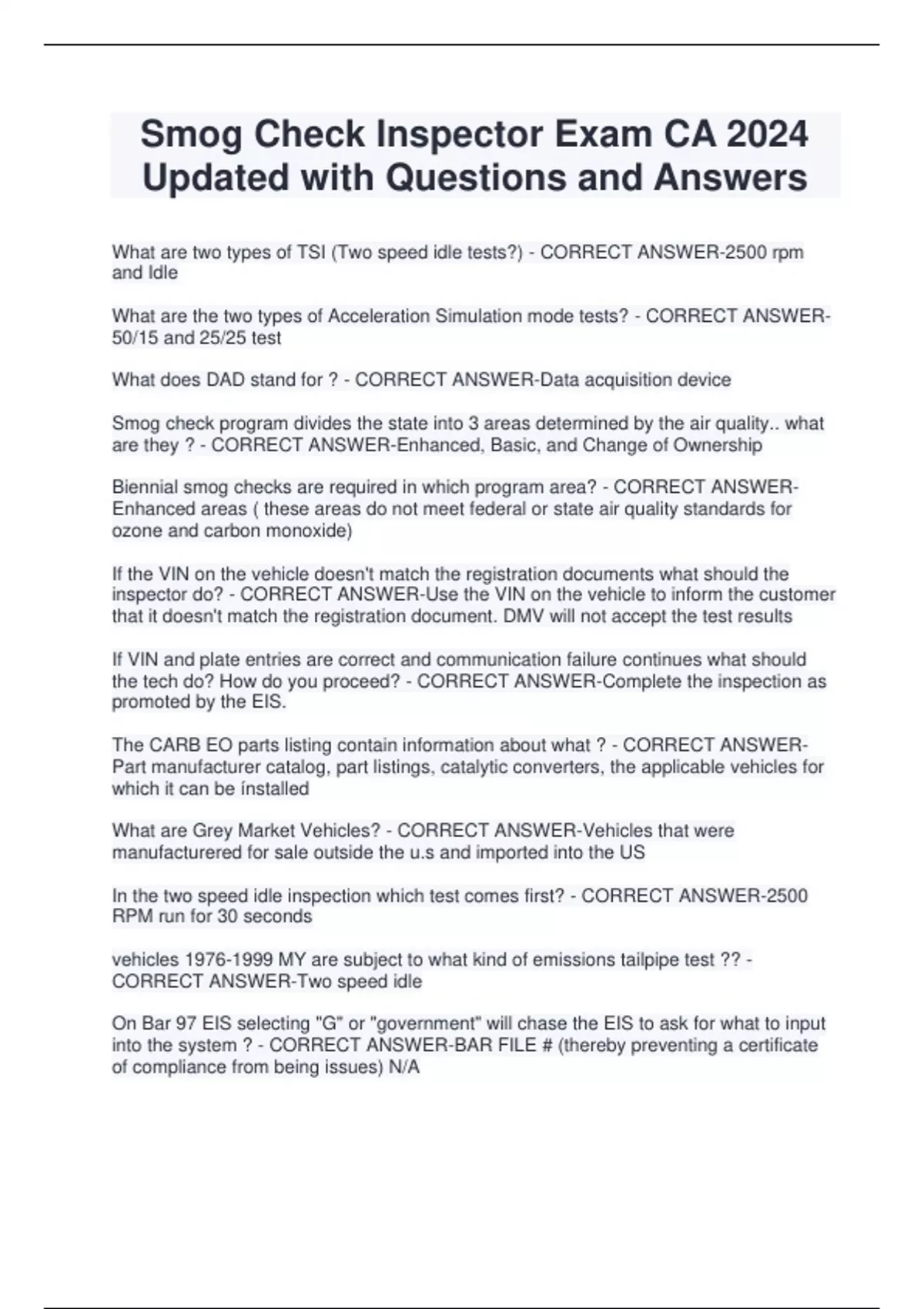 Smog Check Inspector Exam CA 2024 Updated with Questions and Answers ...