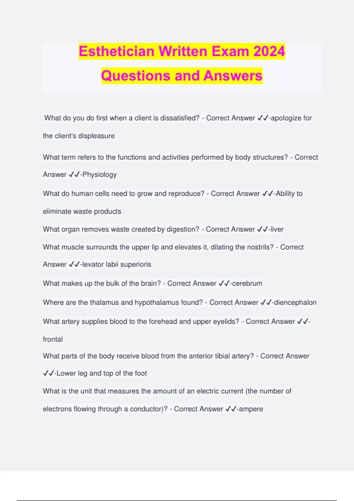 Esthetician Written Exam 2024 Questions and Answers - Esthetics - Stuvia US
