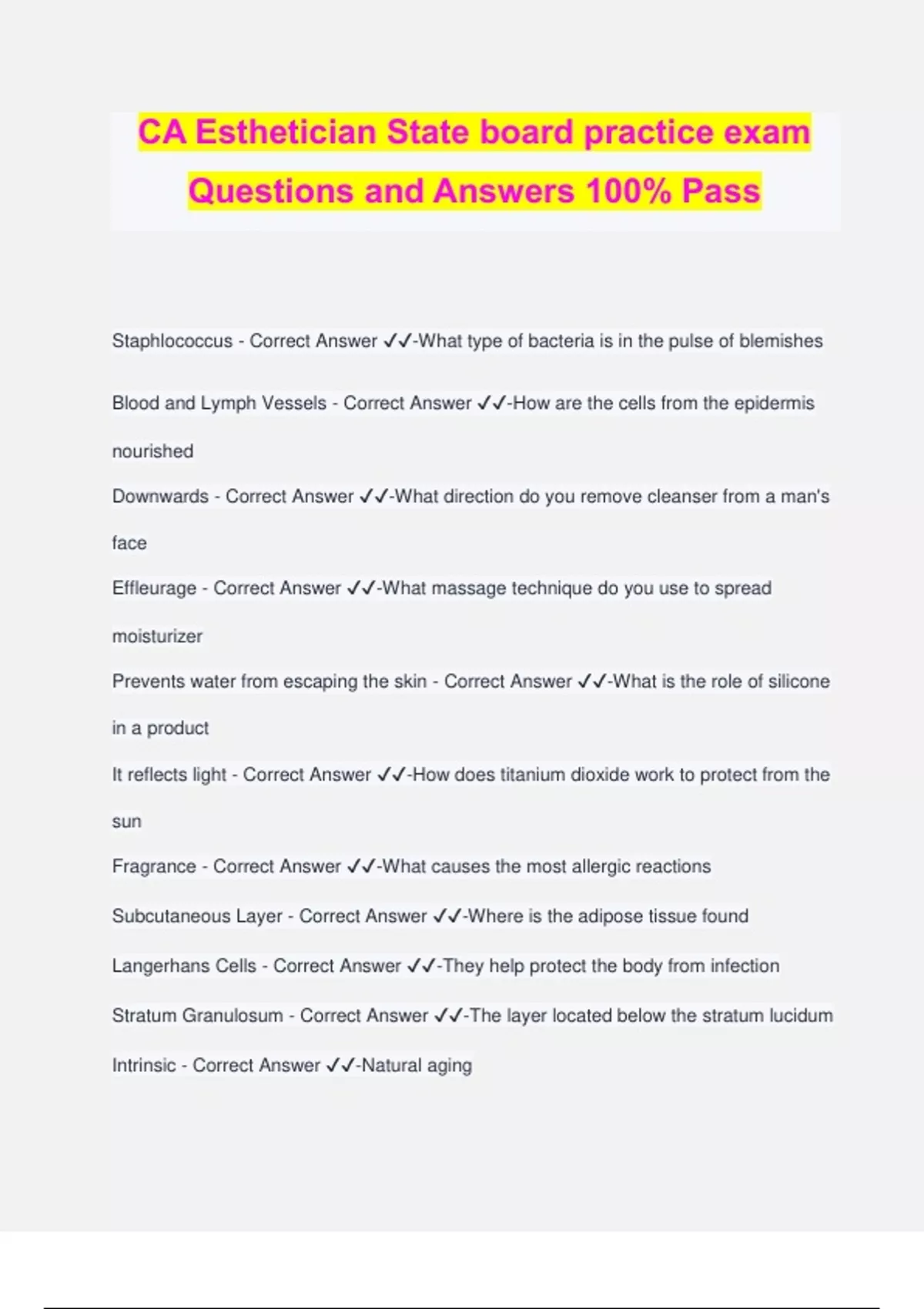 CA Esthetician State board practice exam Questions and Answers 100% ...