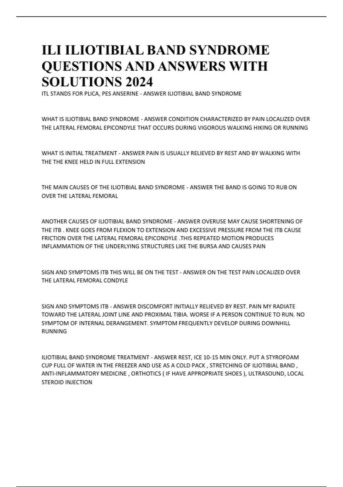 ILI ILIOTIBIAL BAND SYNDROME QUESTIONS AND ANSWERS WITH SOLUTIONS 2024 - ITBS - Stuvia US