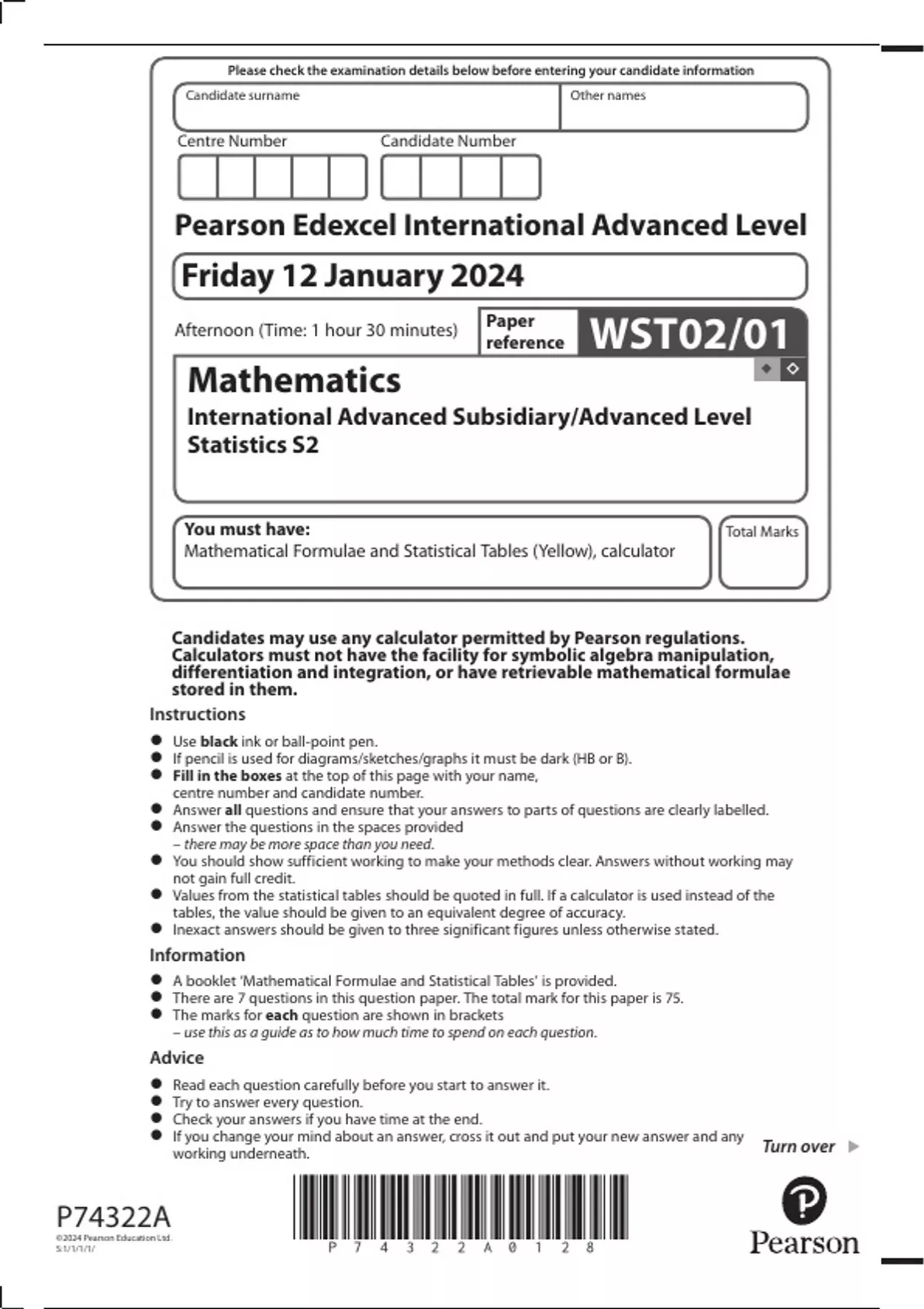 Pearson Edexcel 2024 International Advanced Level Mathematics Paper 2 ...