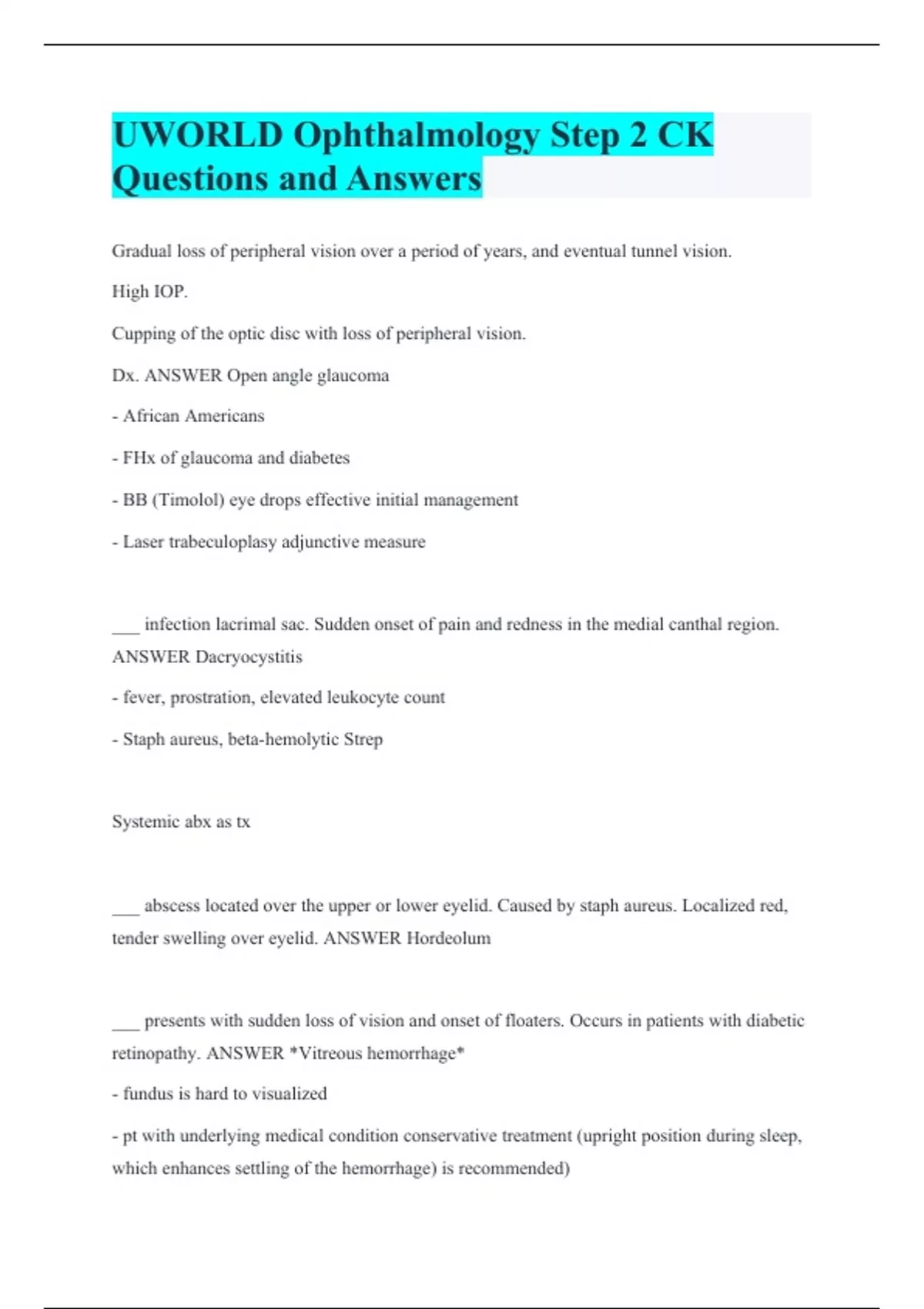 UWORLD Ophthalmology Step 2 CK Questions and Answers - UWORLD - Stuvia US