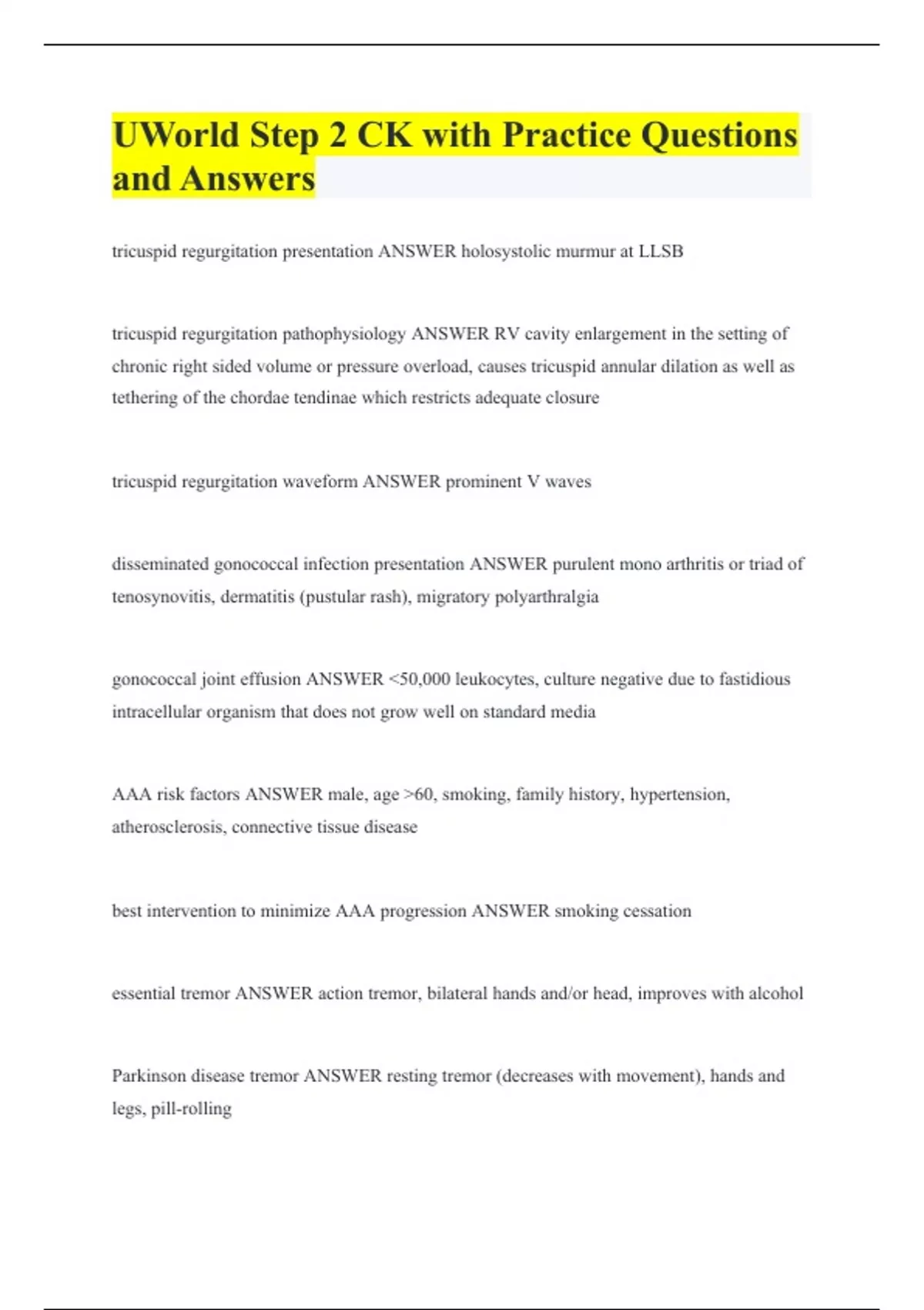 UWorld Step 2 CK with Practice Questions and Answers - UWorld - Stuvia US