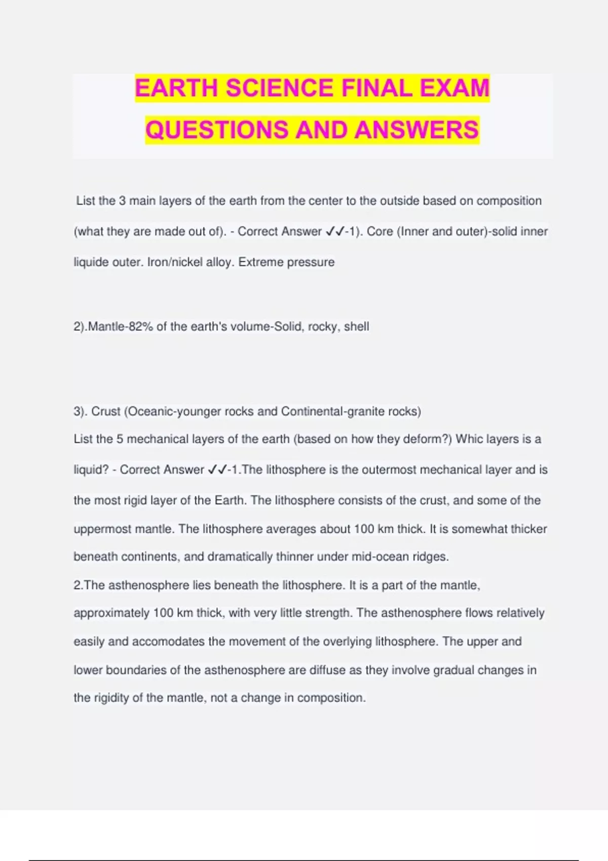 EARTH SCIENCE FINAL EXAM QUESTIONS AND ANSWERS - Earth Science - Stuvia UK