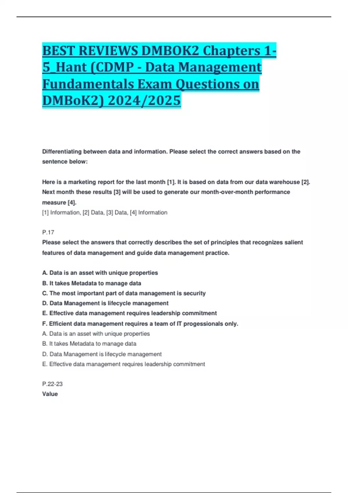 BEST REVIEWS DMBOK2 Chapters 1-5_Hant (CDMP - Data Management Fundamentals Exam Questions on ...