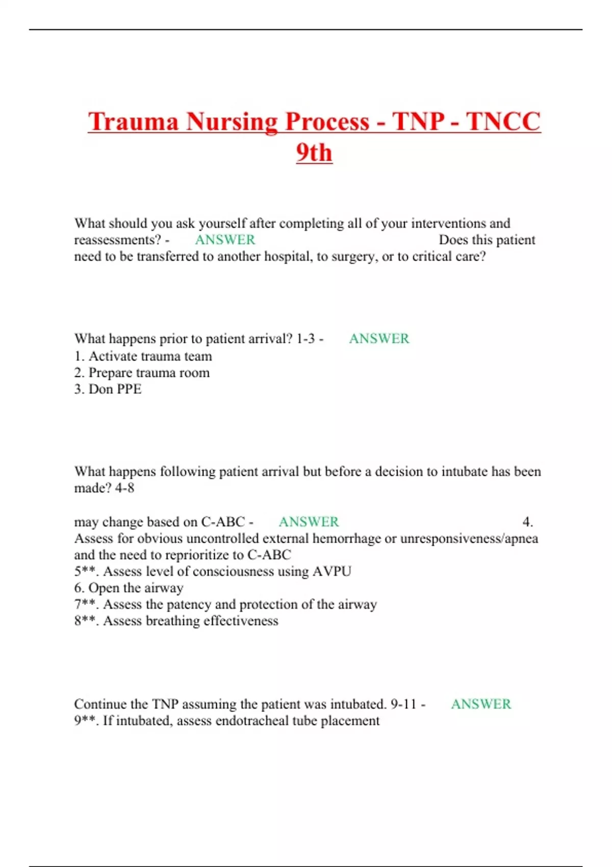 Trauma Nursing Process - TNP - TNCC 9th - Trauma Nursing Process - TNP - TNCC 9th - Stuvia US
