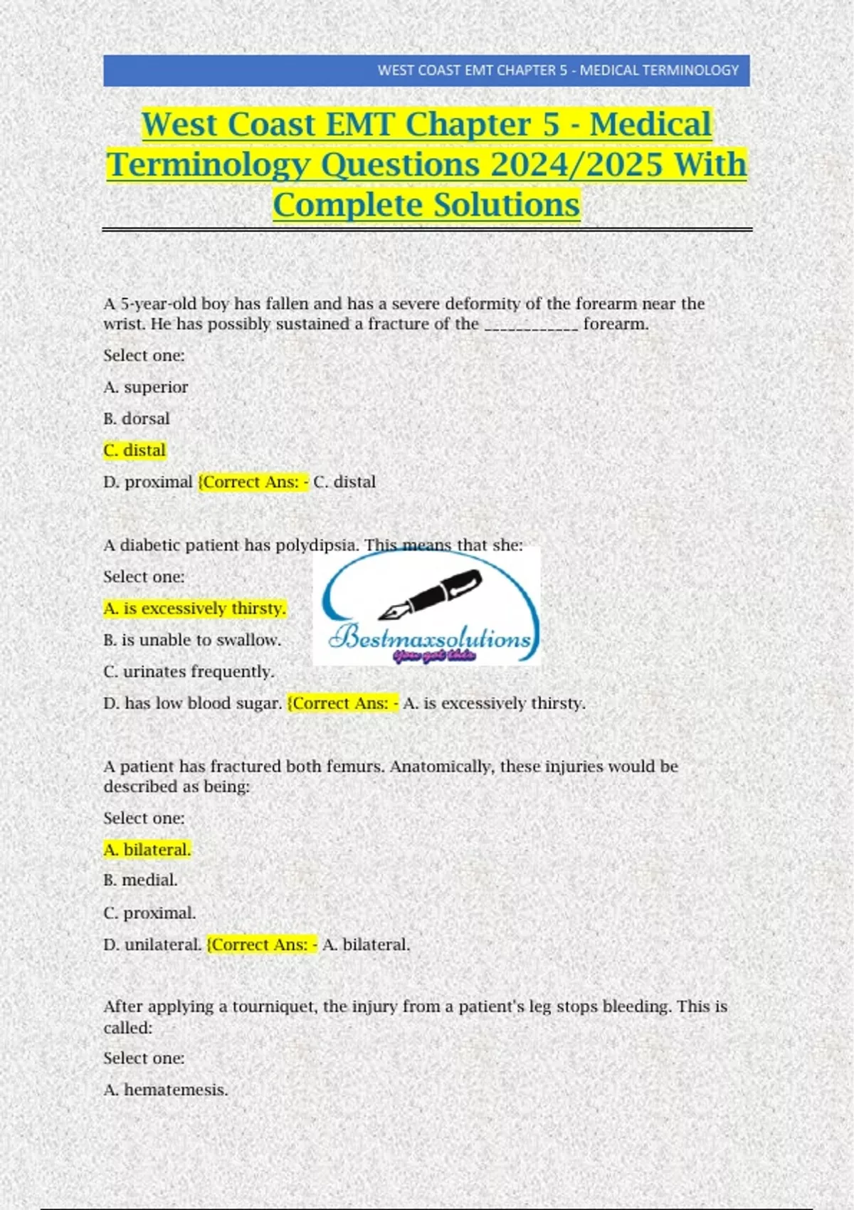 West Coast EMT Chapter 5 - Medical Terminology Questions 2024/2025 With Complete Solutions ...