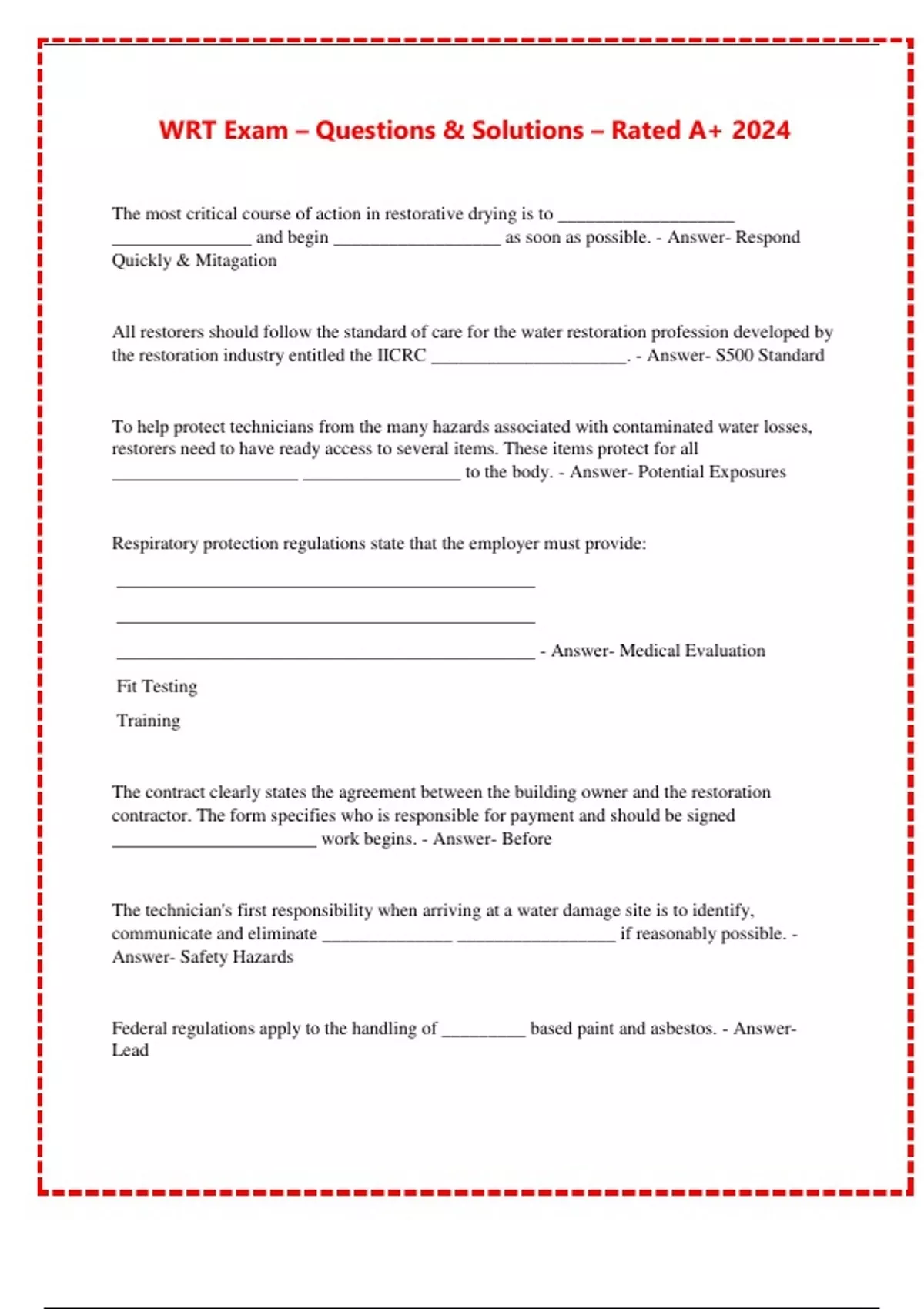 WRT Exam – Questions & Solutions – Rated A+ 2024 - WRT water ...