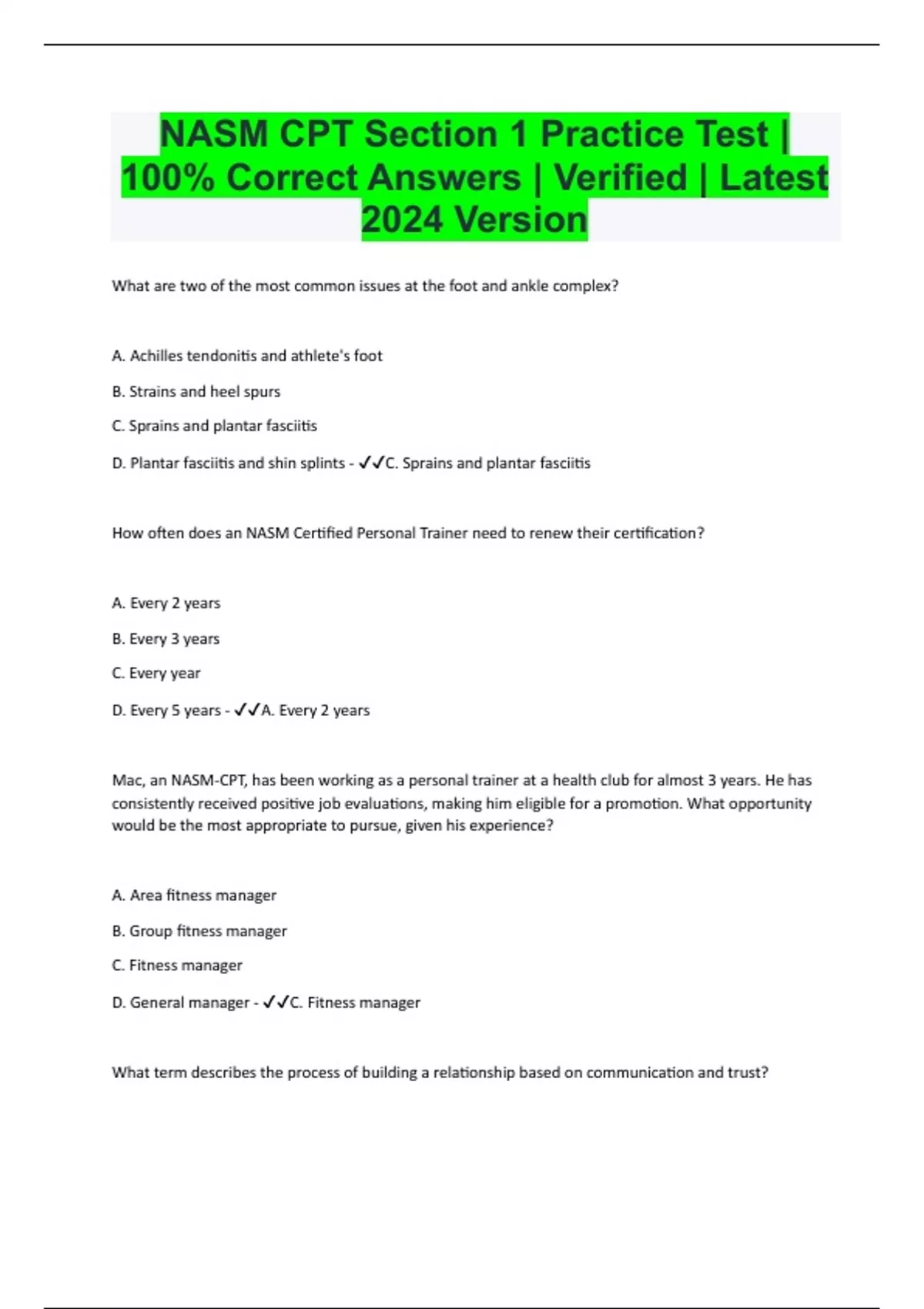 NASM CPT Section 1 Practice Test | 100% Correct Answers | Verified ...