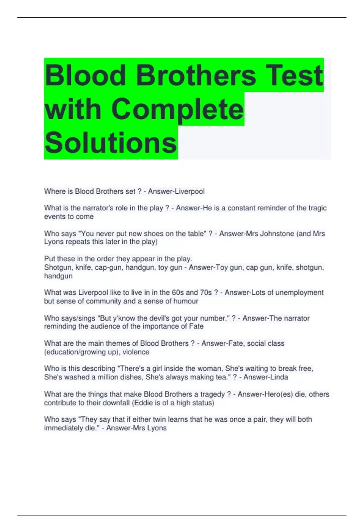 Blood Brothers Test with Complete Solutions - Blood Brothers - Stuvia US