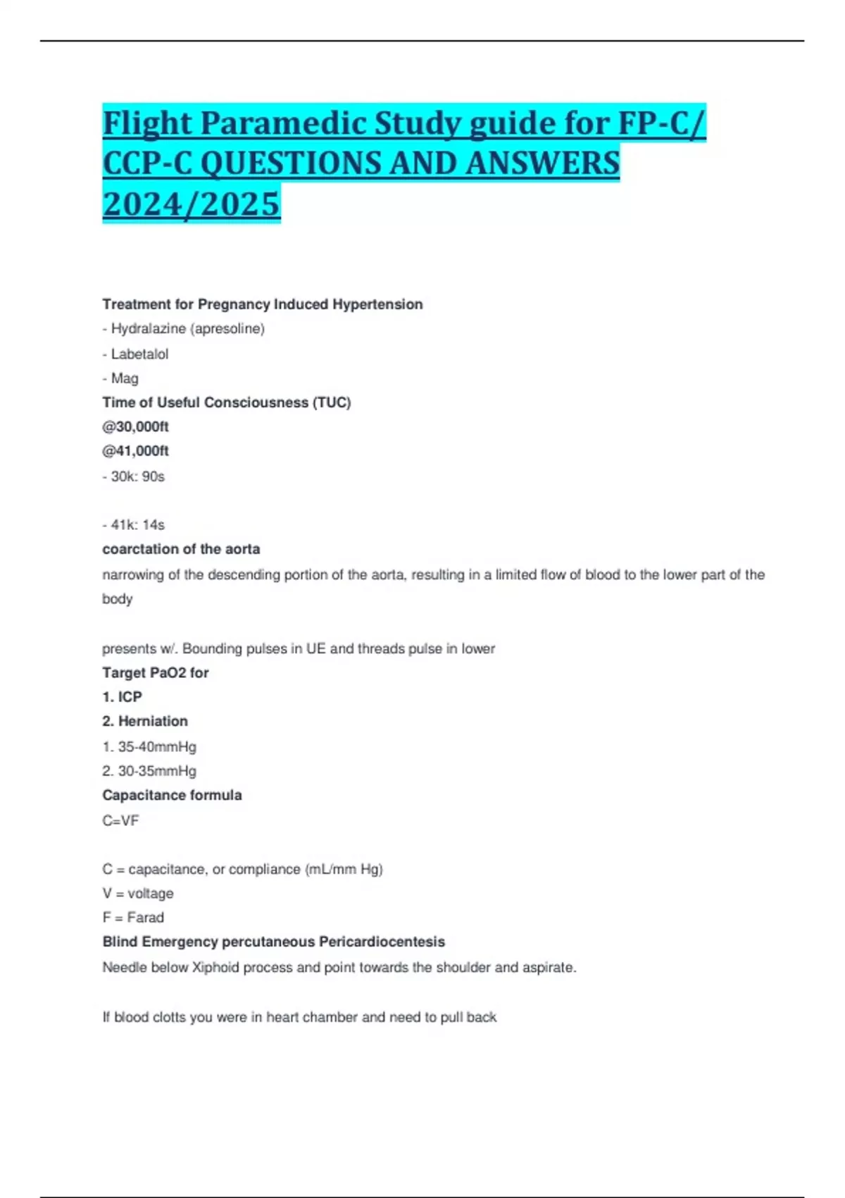 Flight Paramedic Study guide for FP-C/ CCP-C QUESTIONS AND ANSWERS 2024 ...